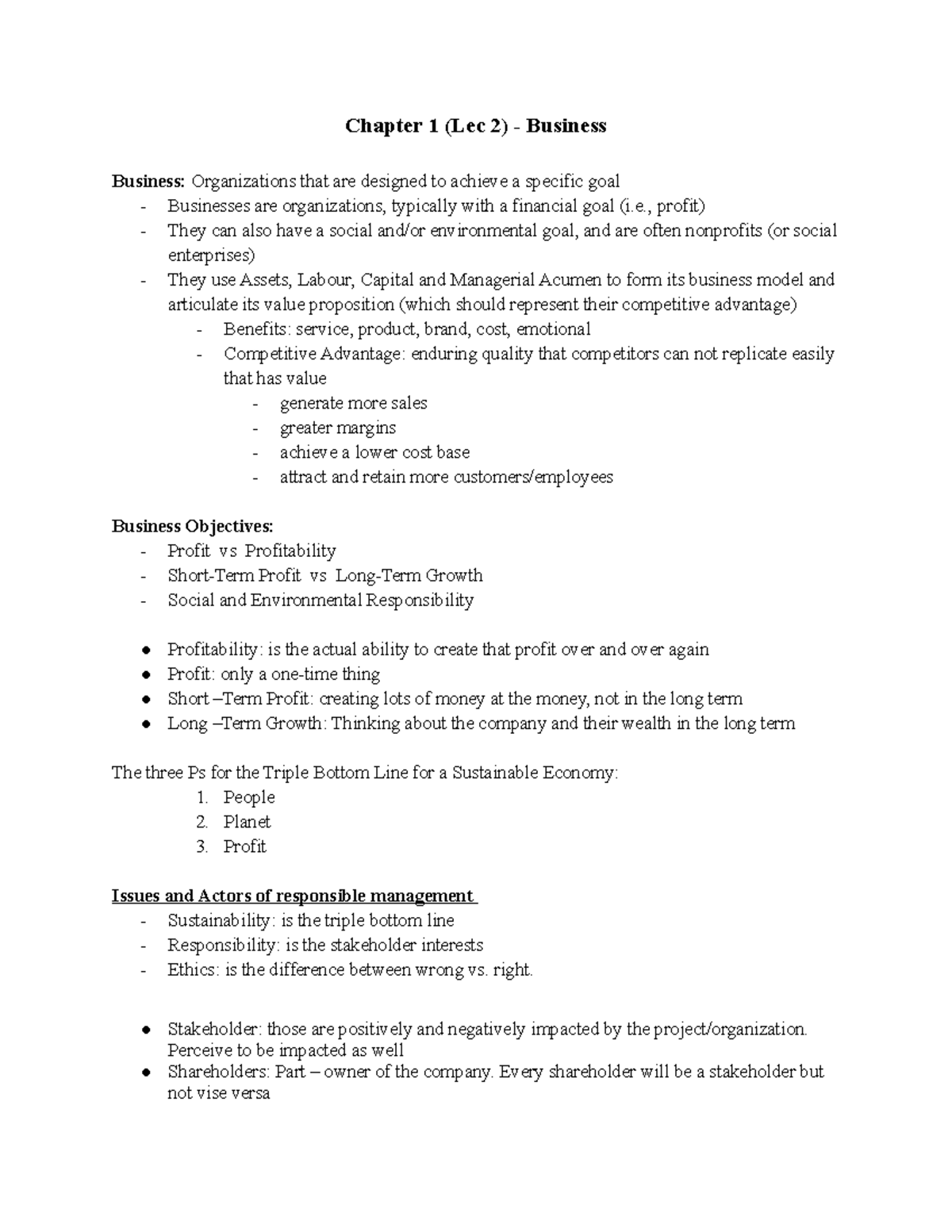 BUSN 201 - Midterm Notes - Chapter 1 (Lec 2) - Business Business ...