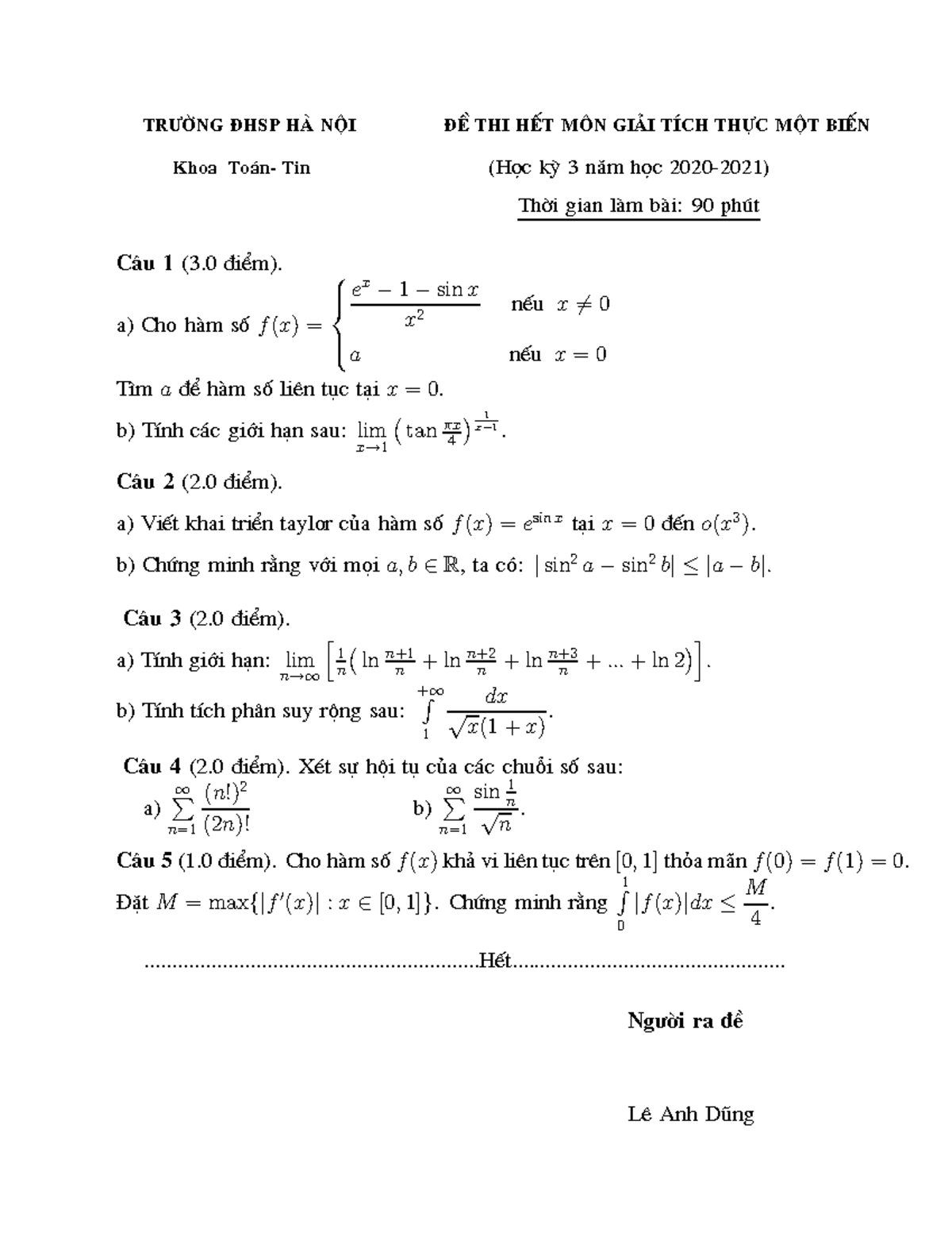 Đề thi thử Calculus - ttttttttttttttttttttt - Tr≠Íng ßHSP Hμ NÈi ß“ thi h’t m ́n Gi∂i t›ch th ̆c ...
