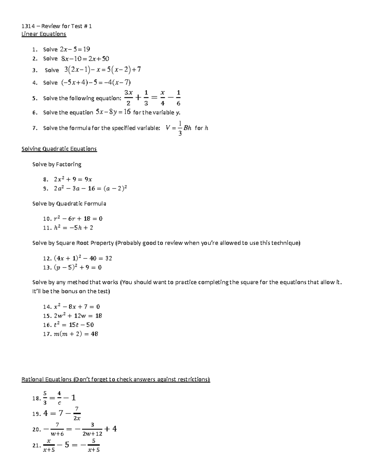 1314 Test 1 Review Fall 2024 1314 Review For Test 1 Linear