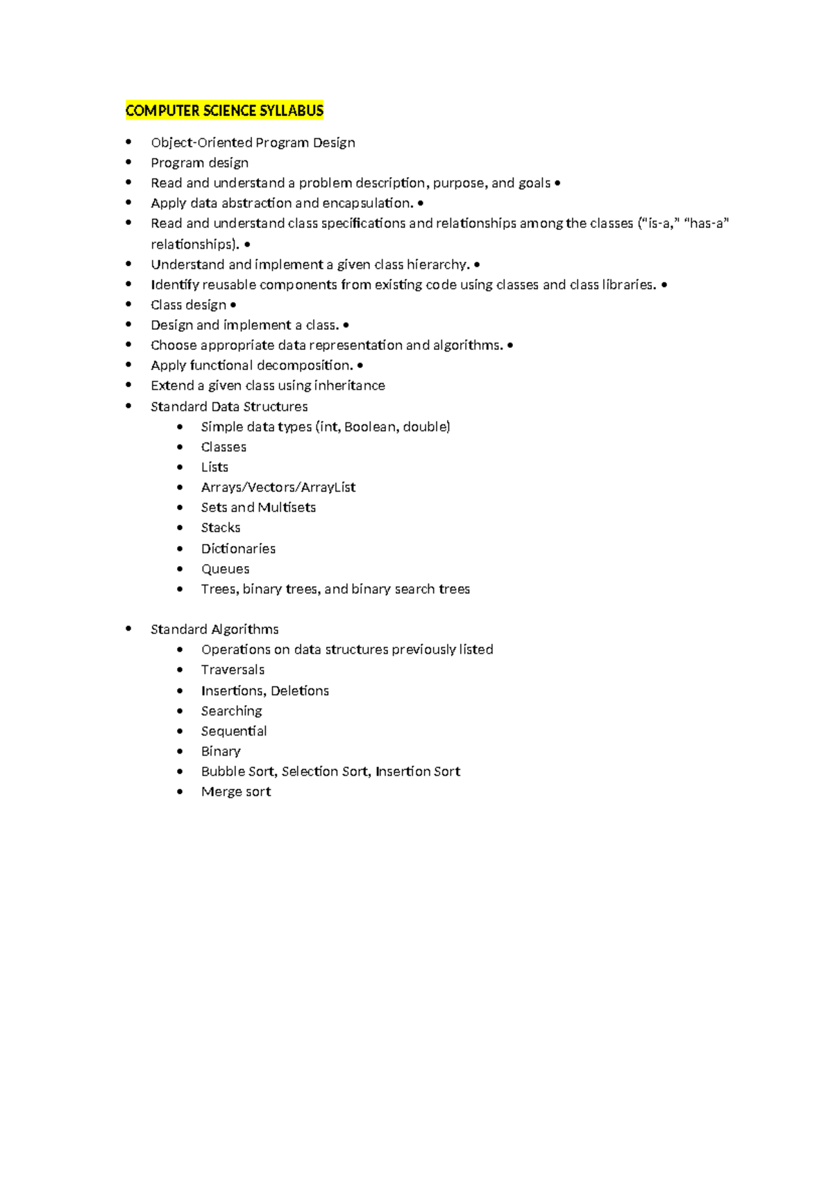 Computer Science Topic (JAVA) - COMPUTER SCIENCE SYLLABUS Object ...