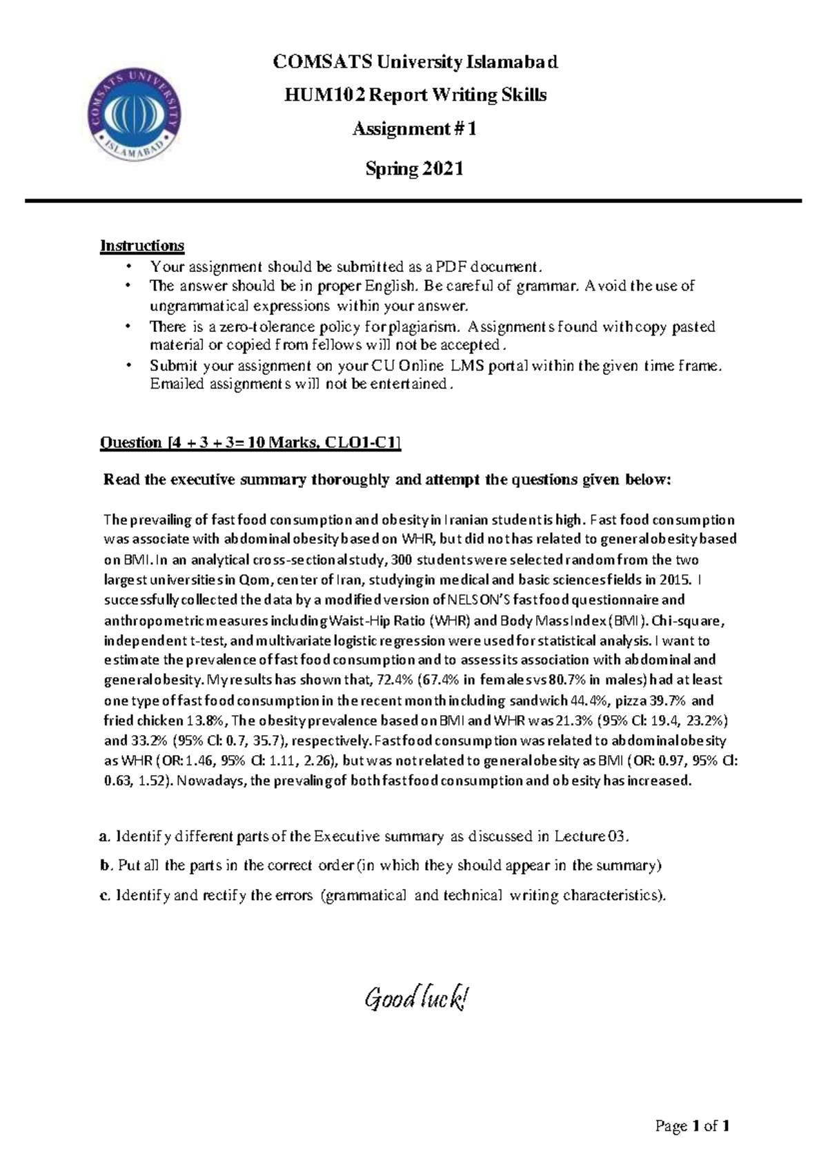 SP21-HUM102-A1 - gud - COMSATS University Islamabad HUM102 Report ...