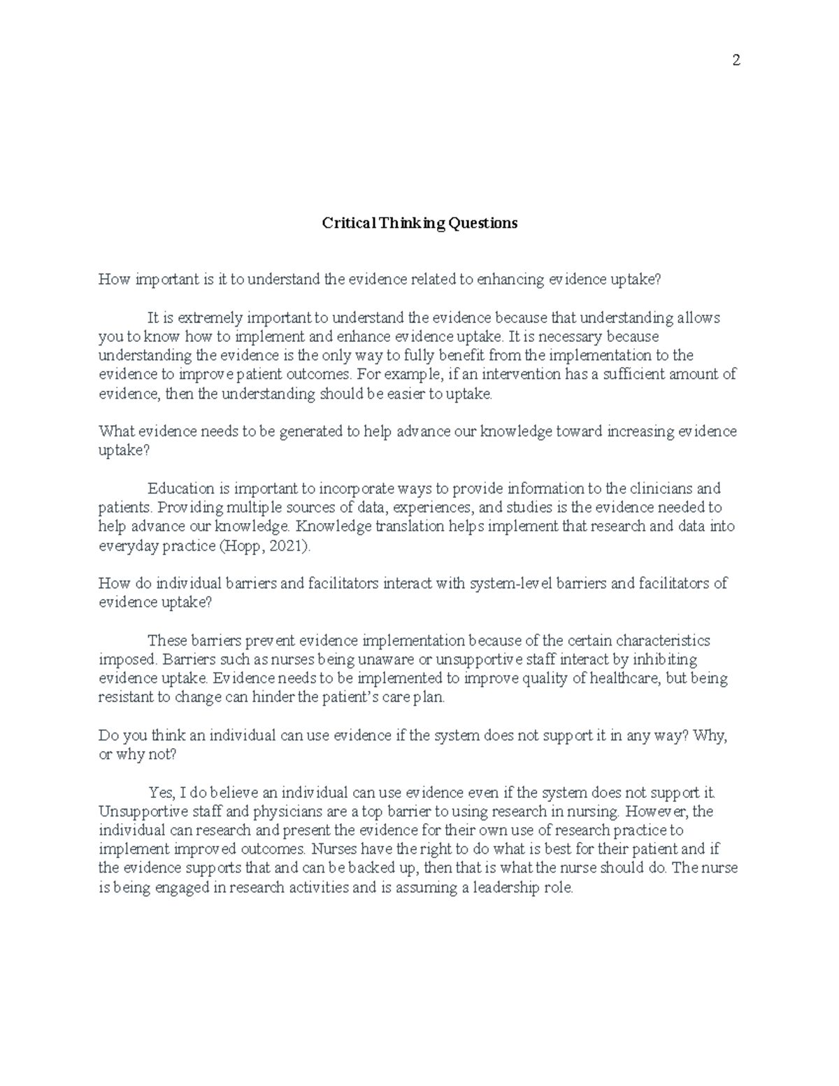 Critical class - Critical Thinking Questions How important is it to ...