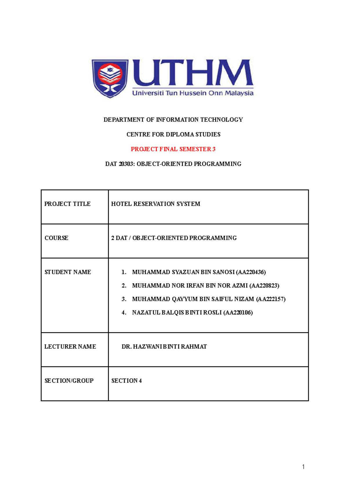 OOP Project - Google Docs - DEPARTMENT OF INFORMATION TECHNOLOGY CENTRE FOR DIPLOMA STUDIES ...