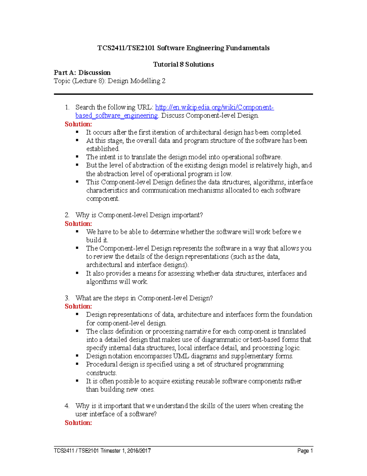 171487 Tut08 - solutions - TCS2411/TSE2101 Software Engineering Fundamentals Tutorial 8 ...
