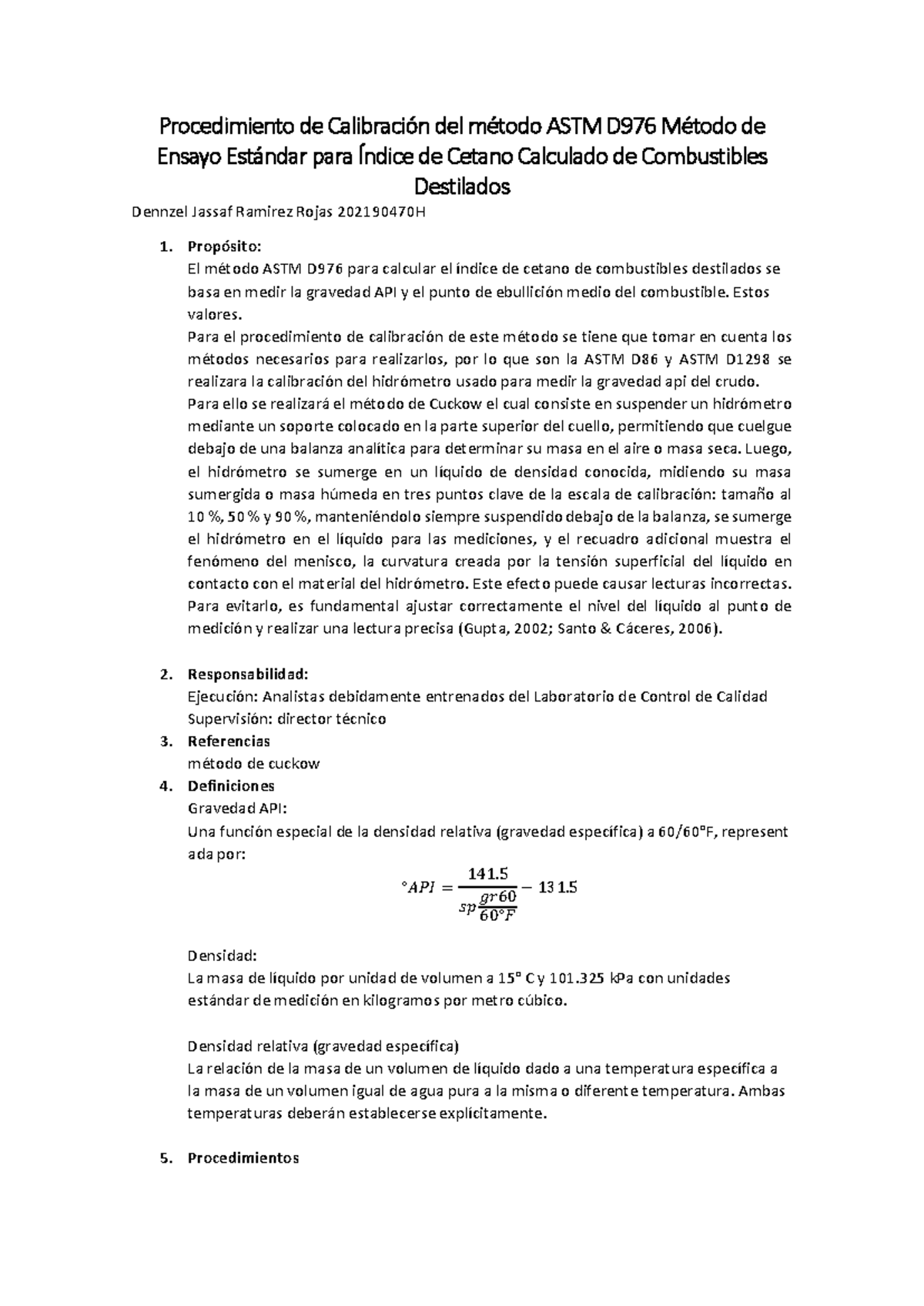 Procedimiento de Calibración del método ASTM D976 Método de Ensayo ...