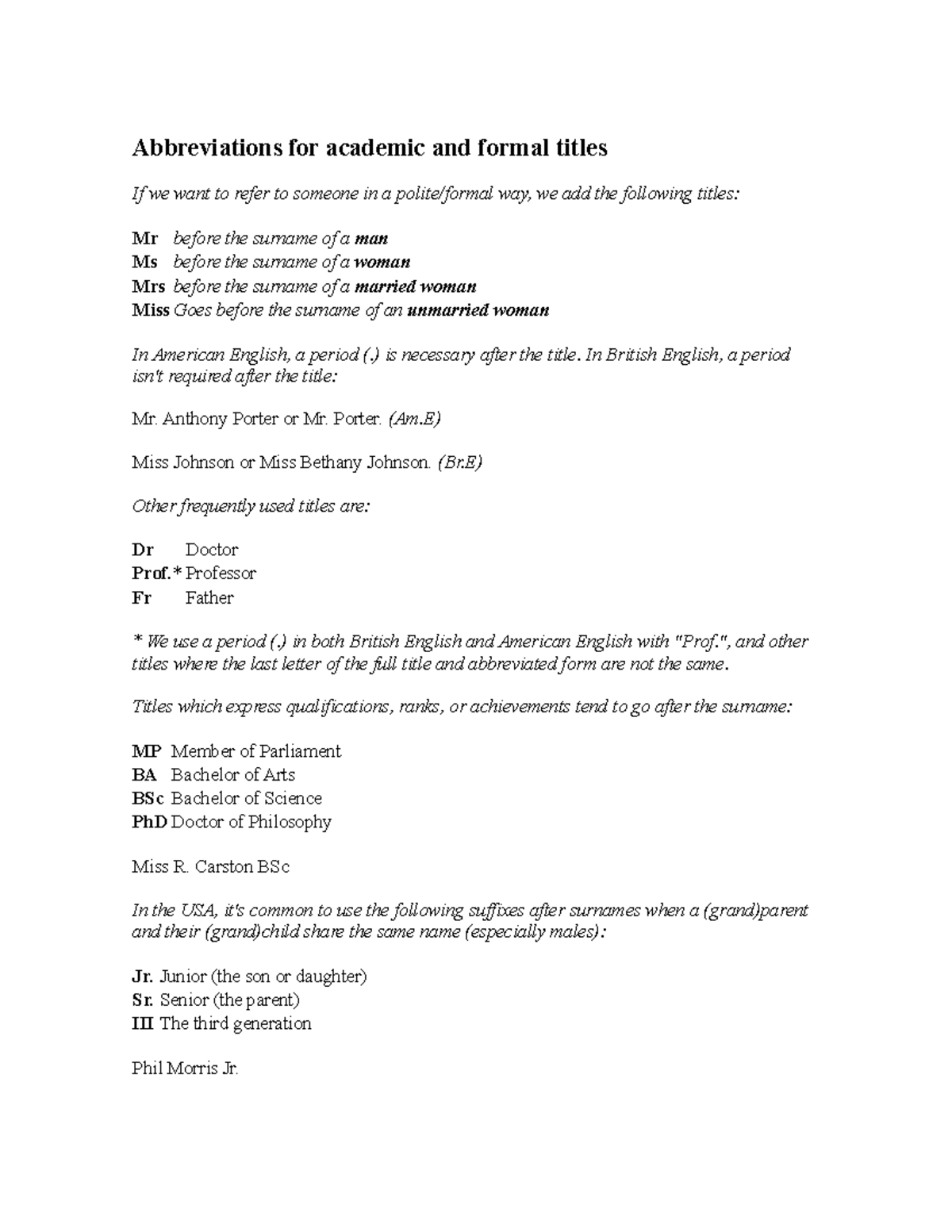 Abbreviations for academic and formal titles - ) is necessary after the ...