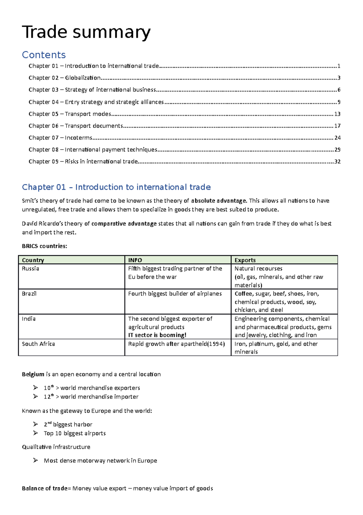 Summary - Trade summary Contents Chapter 01 – Introduction to ...
