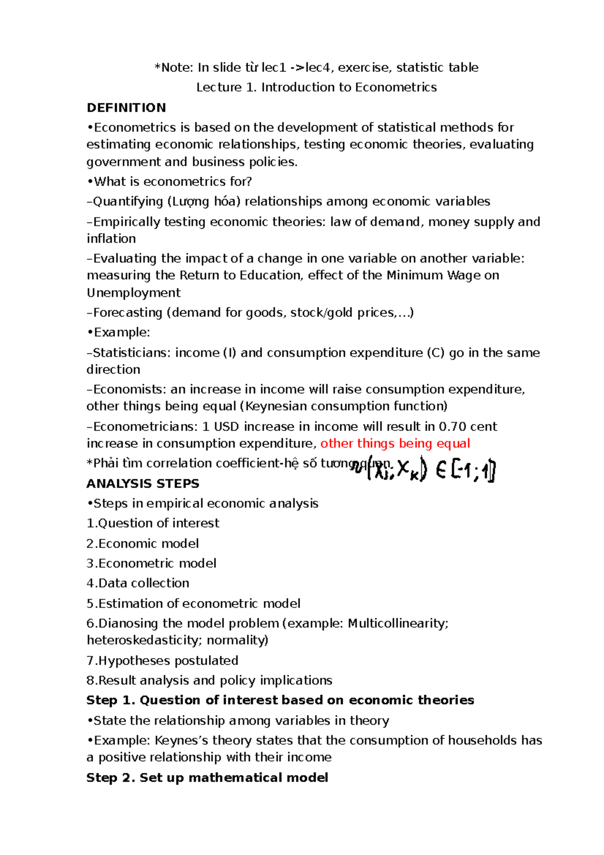 Econometrics Unit 1 2 3 4 Note In Slide Từ Lec1 Lec4 Exercise