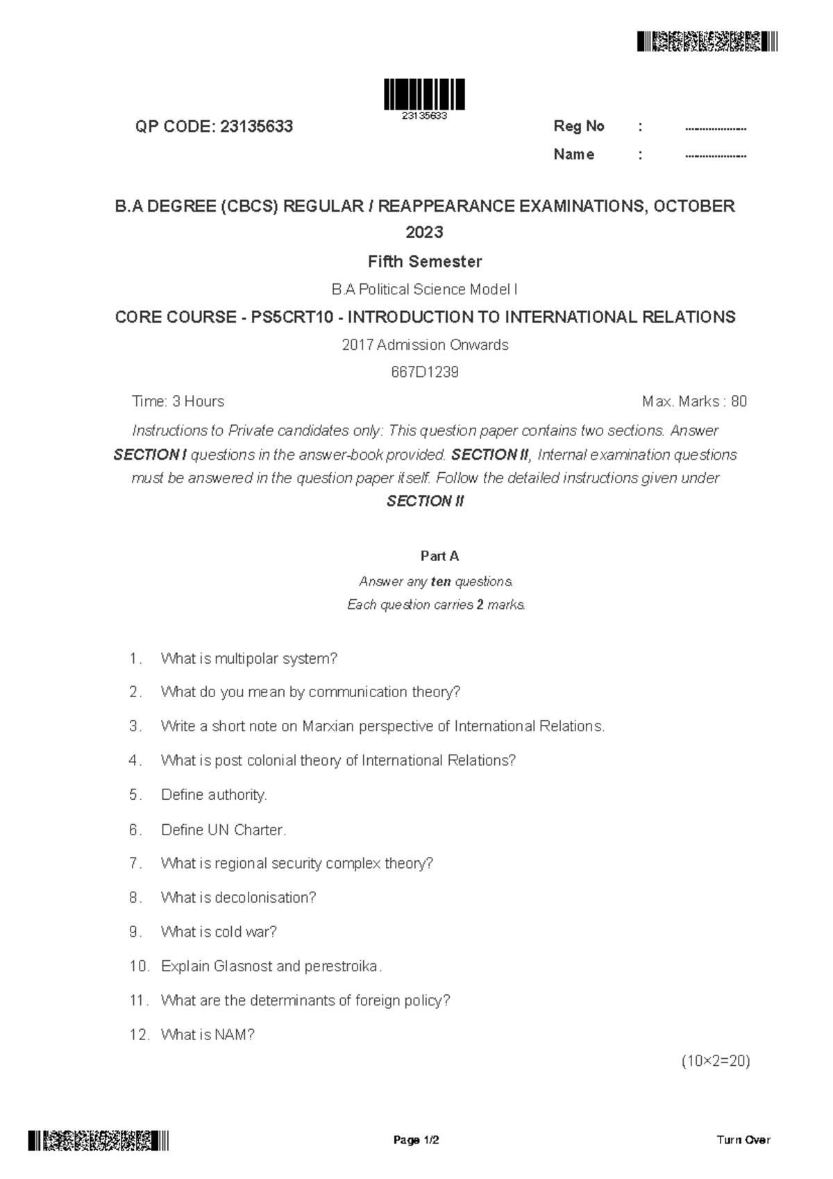 Iirpqp 01 - international relations pqs - QP CODE: 23135633 Reg No