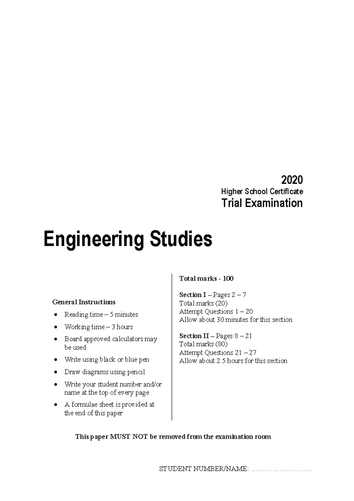 Engineering 2020 Trial questions - STUDENT NUMBER/NAME ...