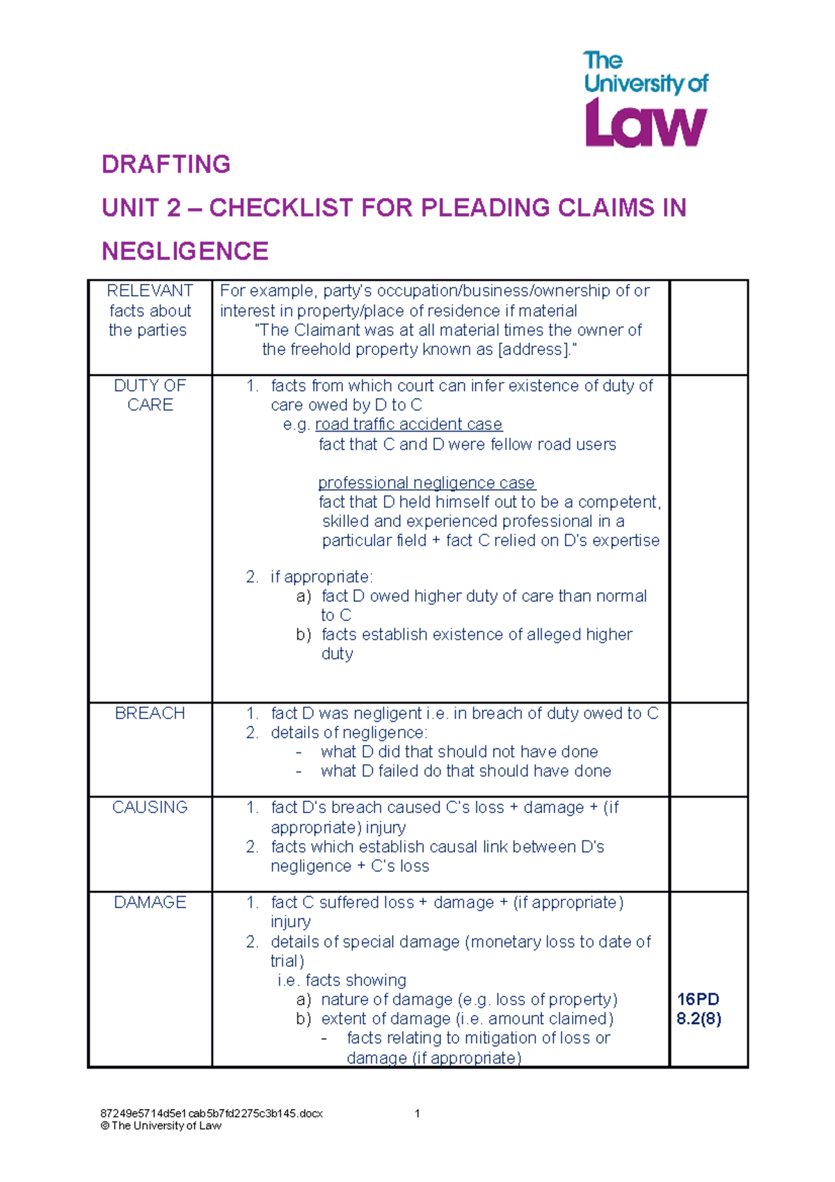 2324 dr unit02 ce01 checklist for pleading claims in negligence ...