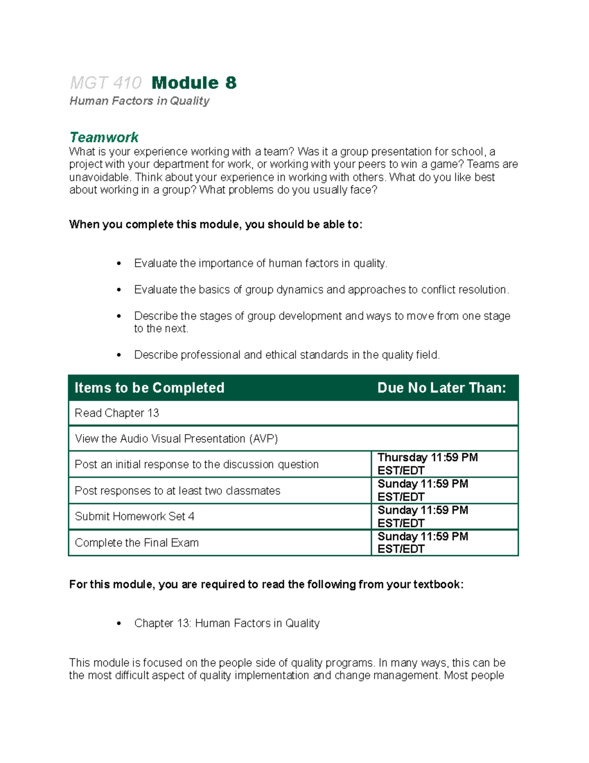 Mod Notes - MGT 410 Module 8 Human Factors in Quality Teamwork What is ...