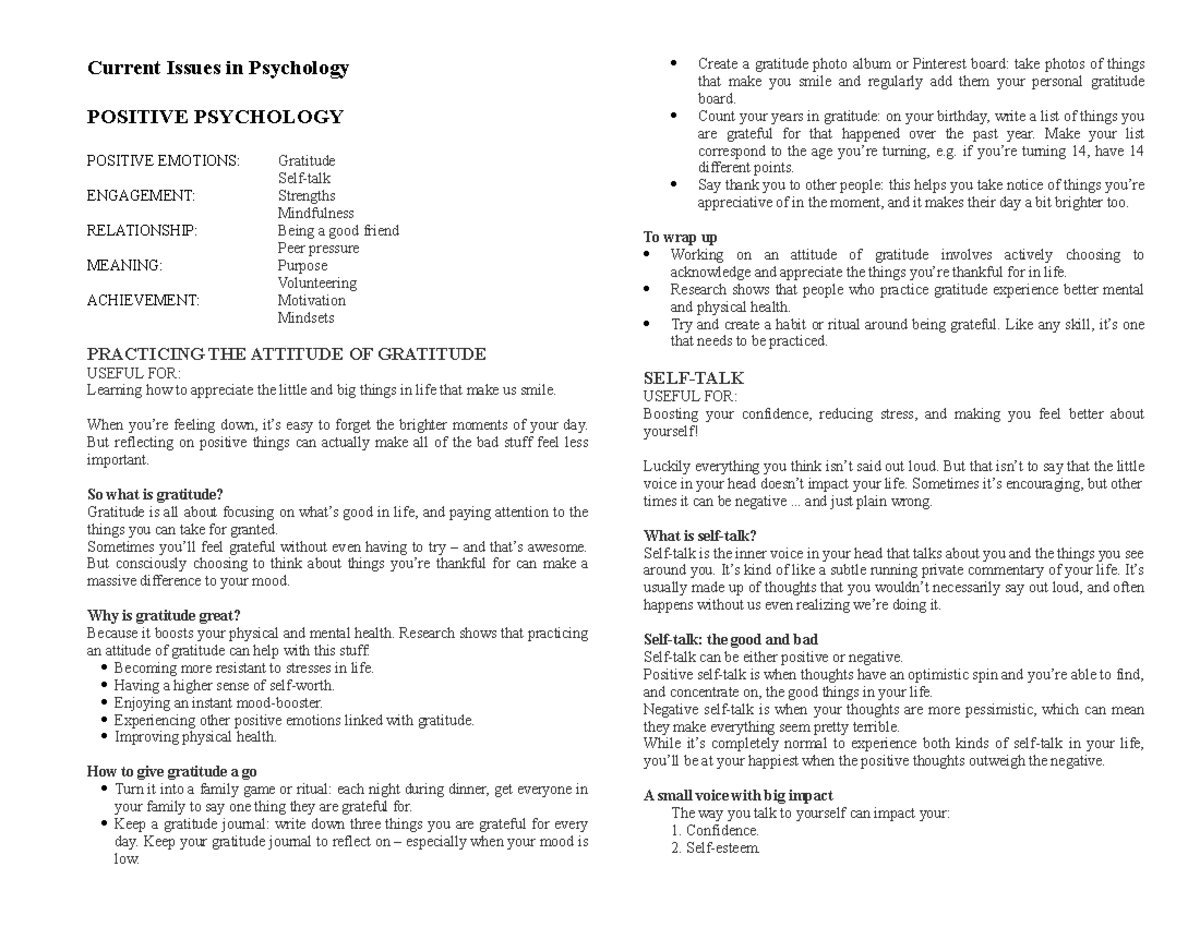 Positive Psychology Fact Sheet Handout - Current Issues in Psychology ...