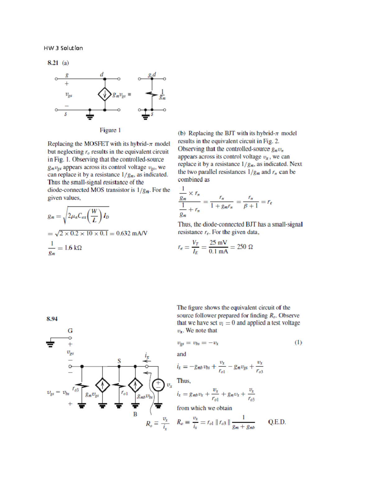 HW #3 - Hw solutions - HW 3 Solution 8 (a) g d g 1 Vgs gm a S S Figure ...