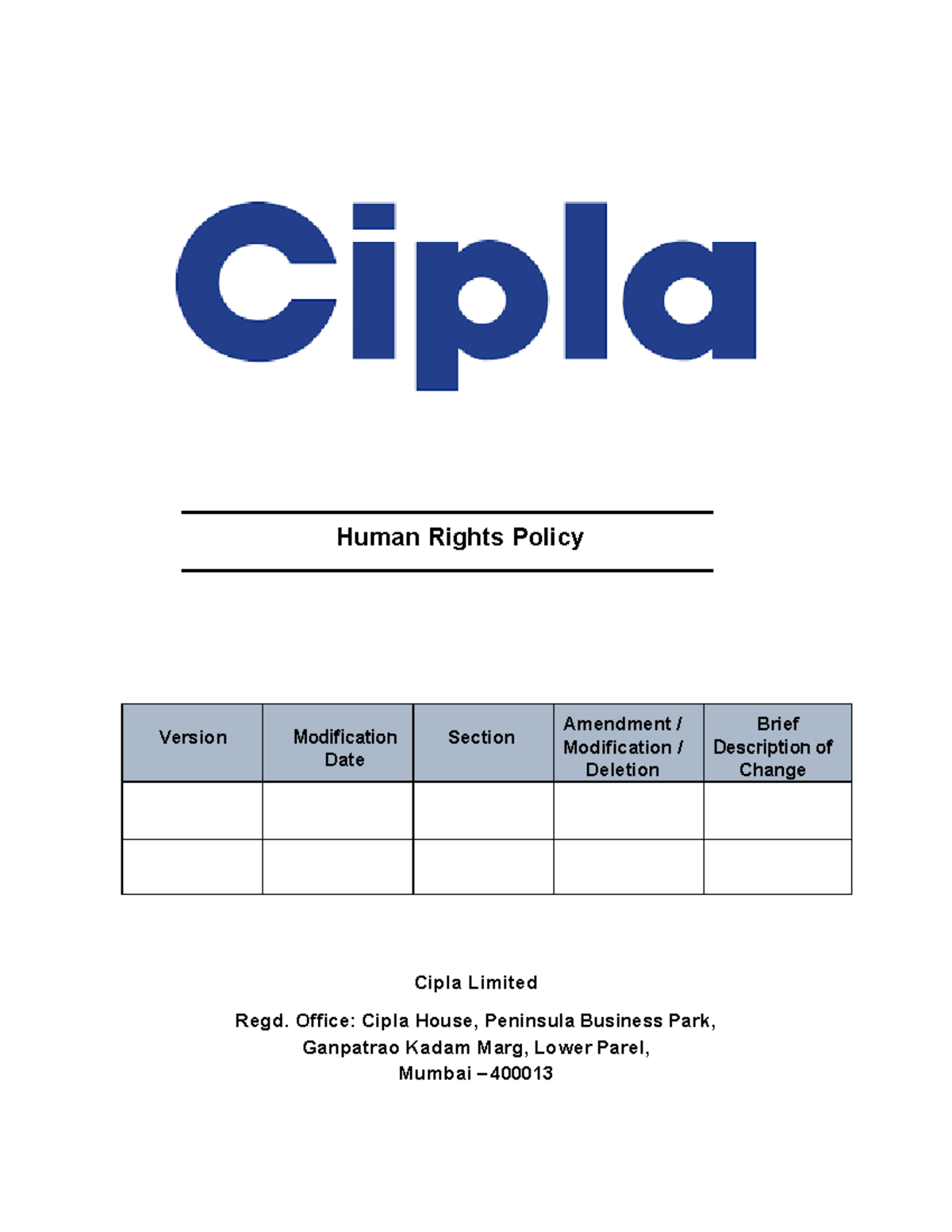 Human Rights Policy Cipla - Human Rights Policy Version Modification ...