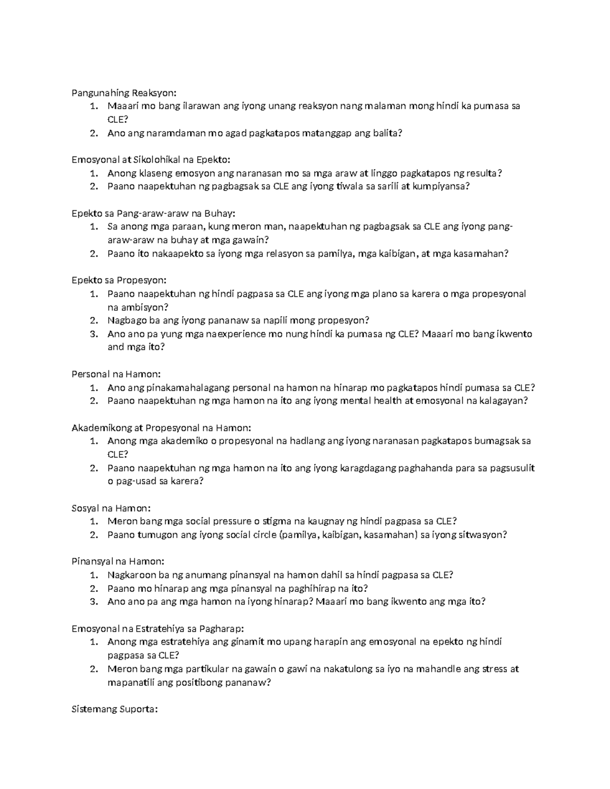 Interview Guide Tagalog - Pangunahing Reaksyon: 1. Maaari mo bang ...