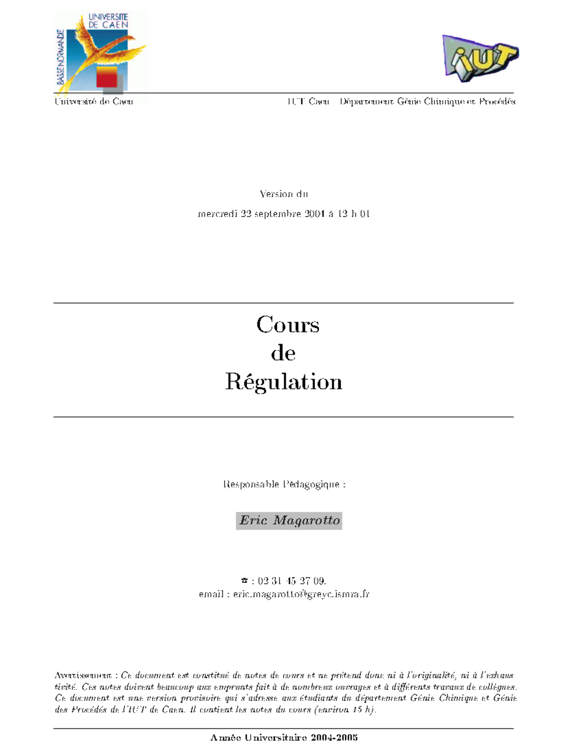 900 - cours du régulation Département Génie Chimique et Procédé ...
