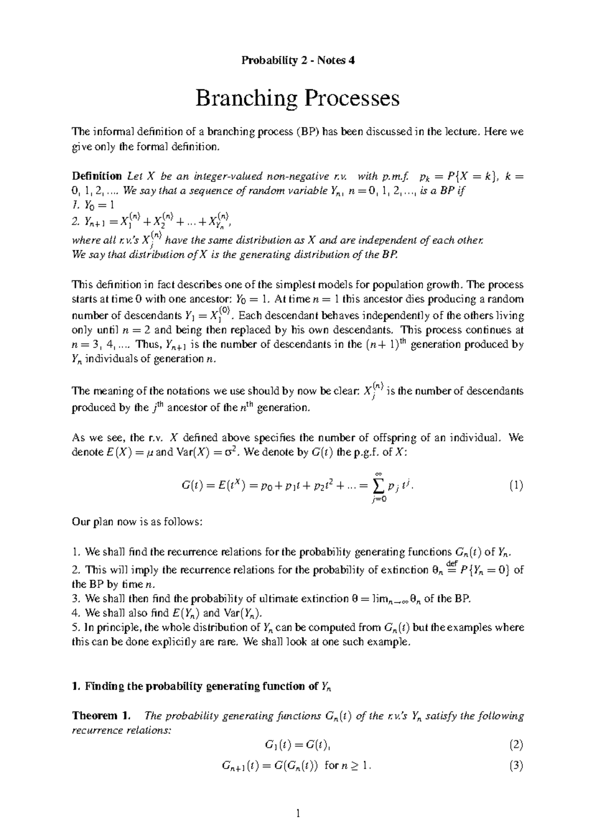 Notes 4-09 - Branching Processes - Probability 2 - Notes 4 Branching ...
