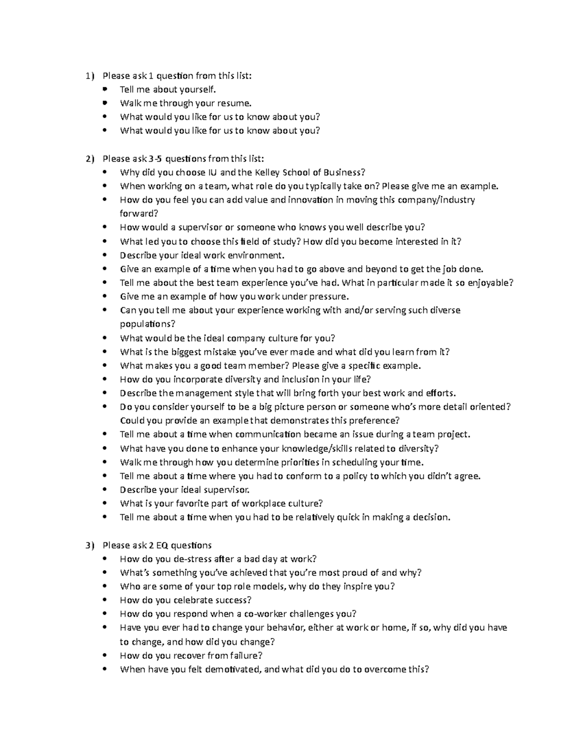 In Class Mock Interviews 2 - questions - Please ask 1 question from ...