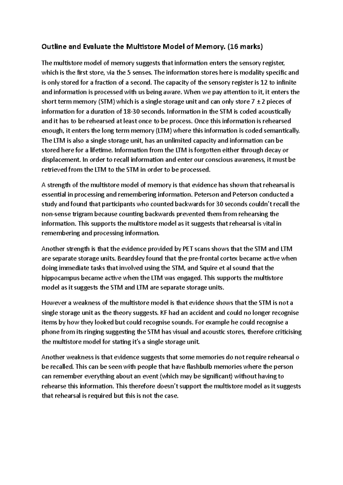 Memory - Multistore Model of Memory Essay - Outline and Evaluate the Mulistore Model of Memory ...