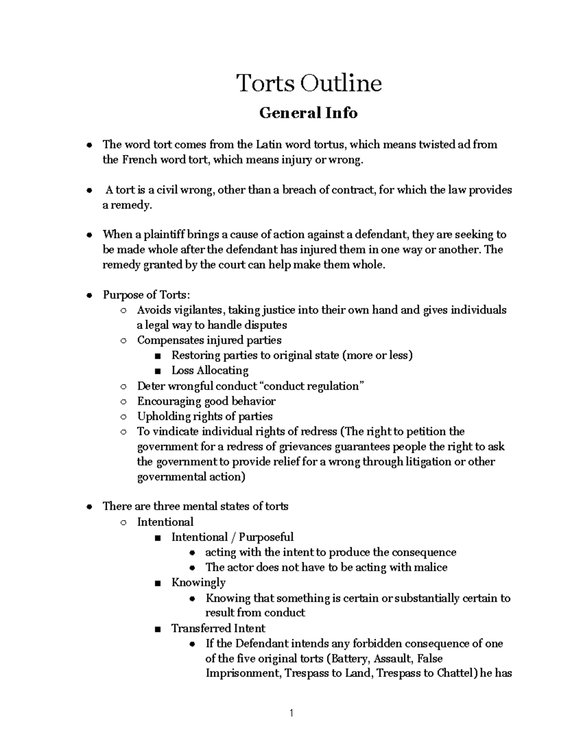 Copy of Torts Outline - Torts Outline General Info The word tort comes ...