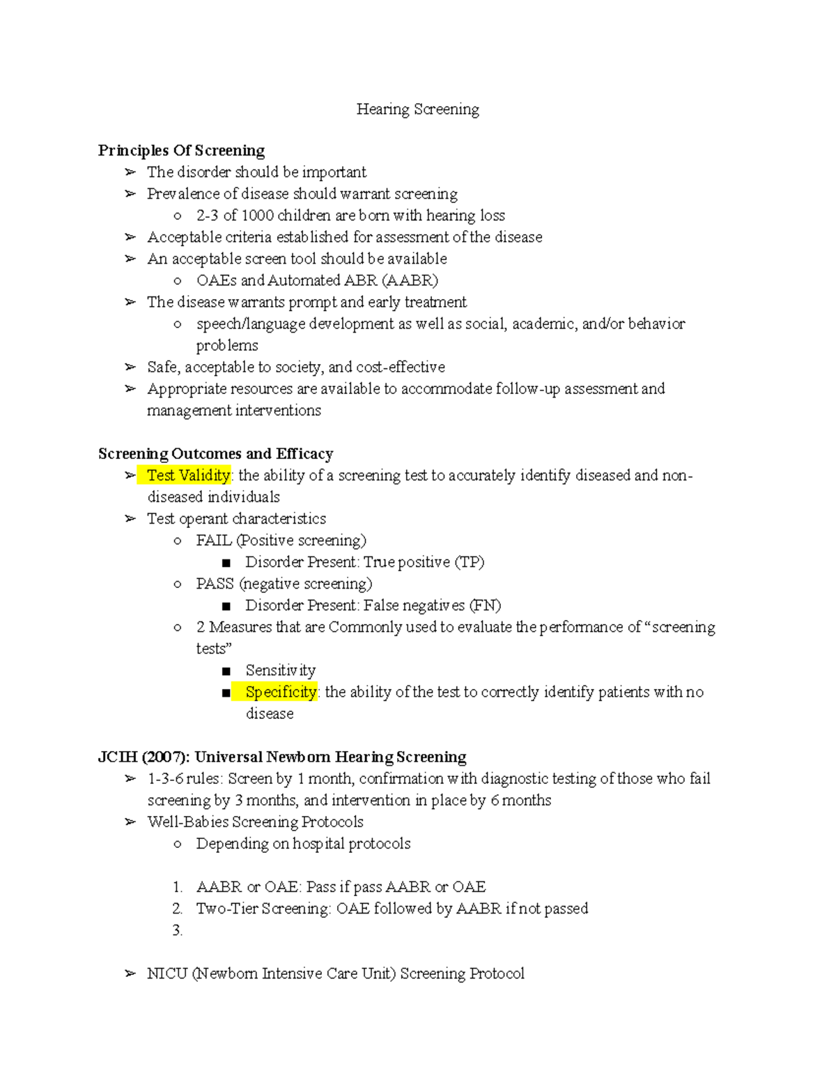 SLPA 127 Notes 3 - Hearing Screening Principles Of Screening The ...