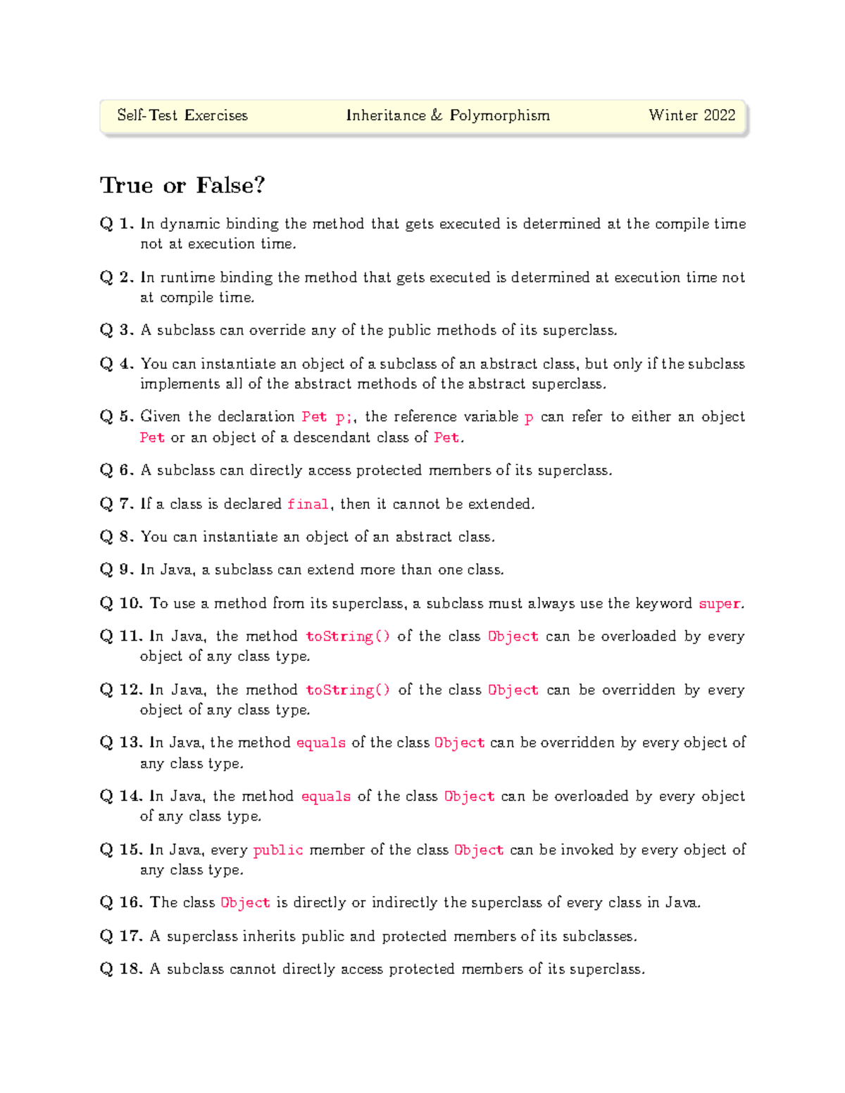 Self Test Exercises - Mid term practice - COMP 249 - Concordia - Studocu
