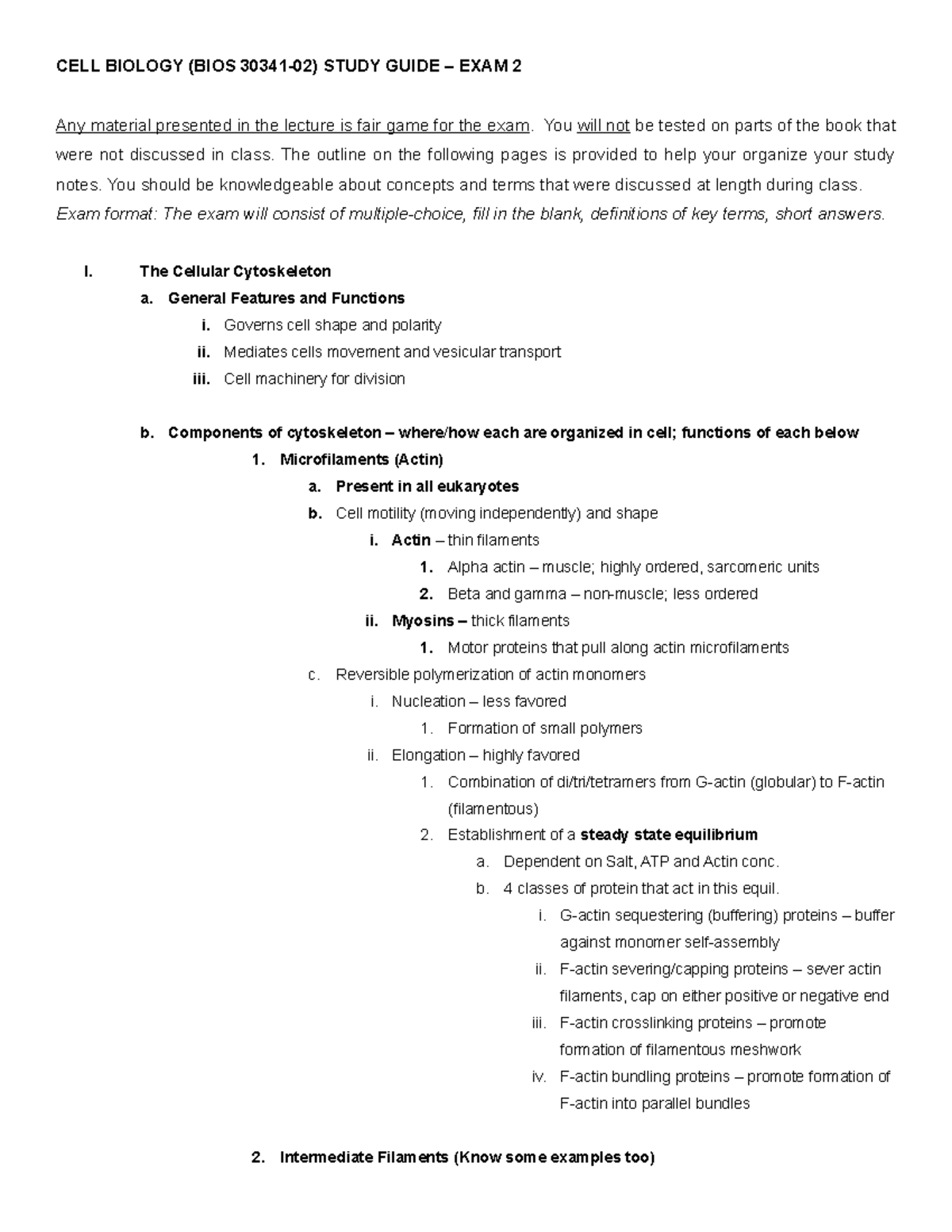 Exam 2 Study Guide - CELL BIOLOGY (BIOS 30341-02) STUDY GUIDE – EXAM 2 ...
