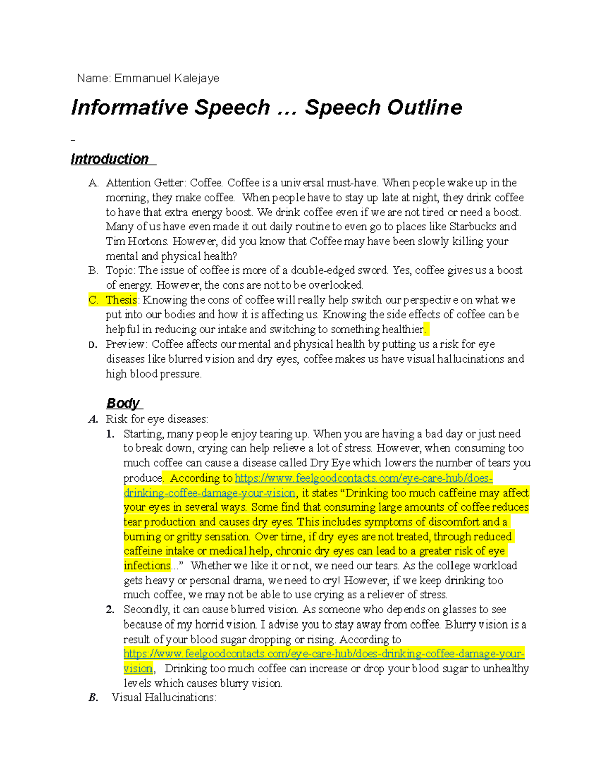 Informative Outline - Name: Emmanuel Kalejaye Informative Speech ...