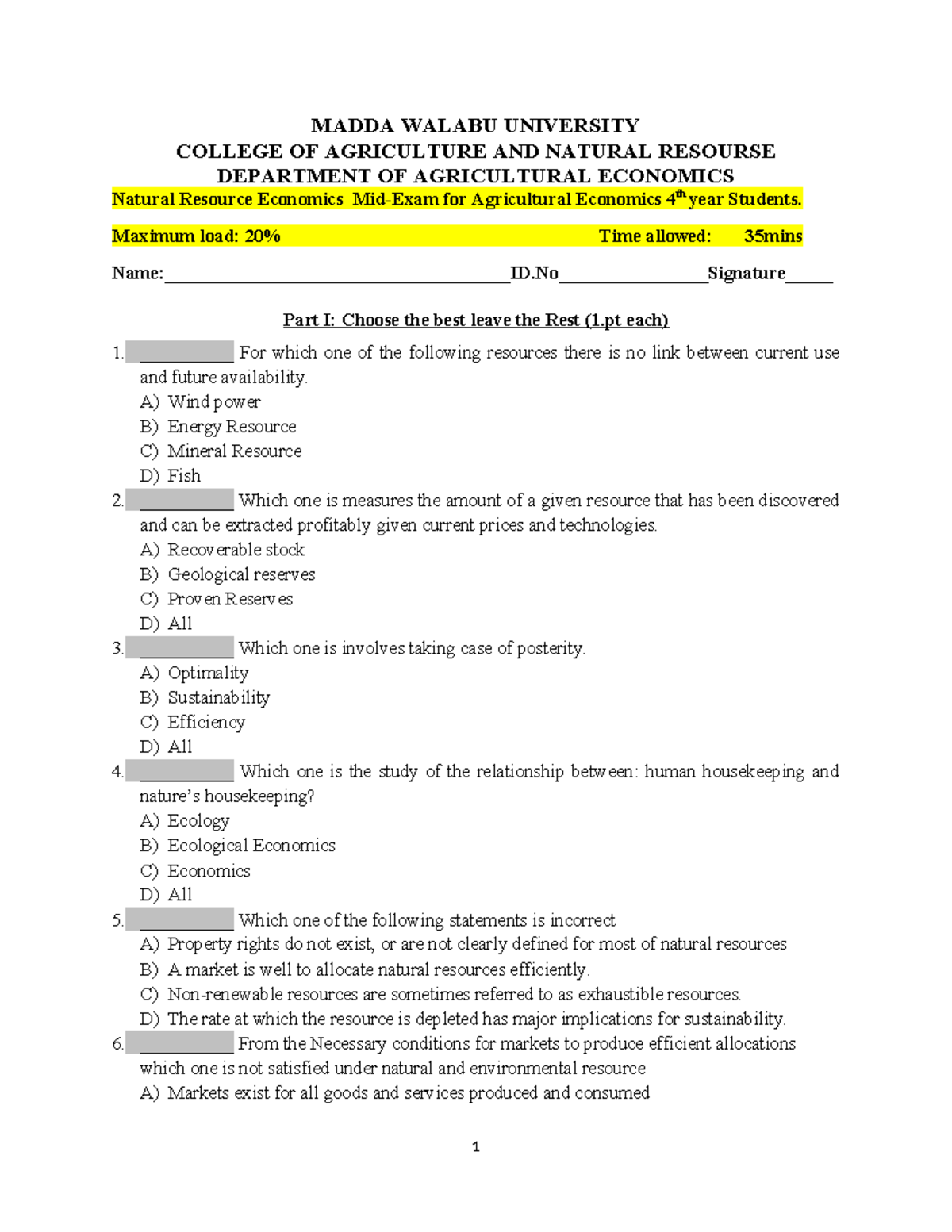 Mid Exam - MADDA WALABU UNIVERSITY COLLEGE OF AGRICULTURE AND NATURAL ...