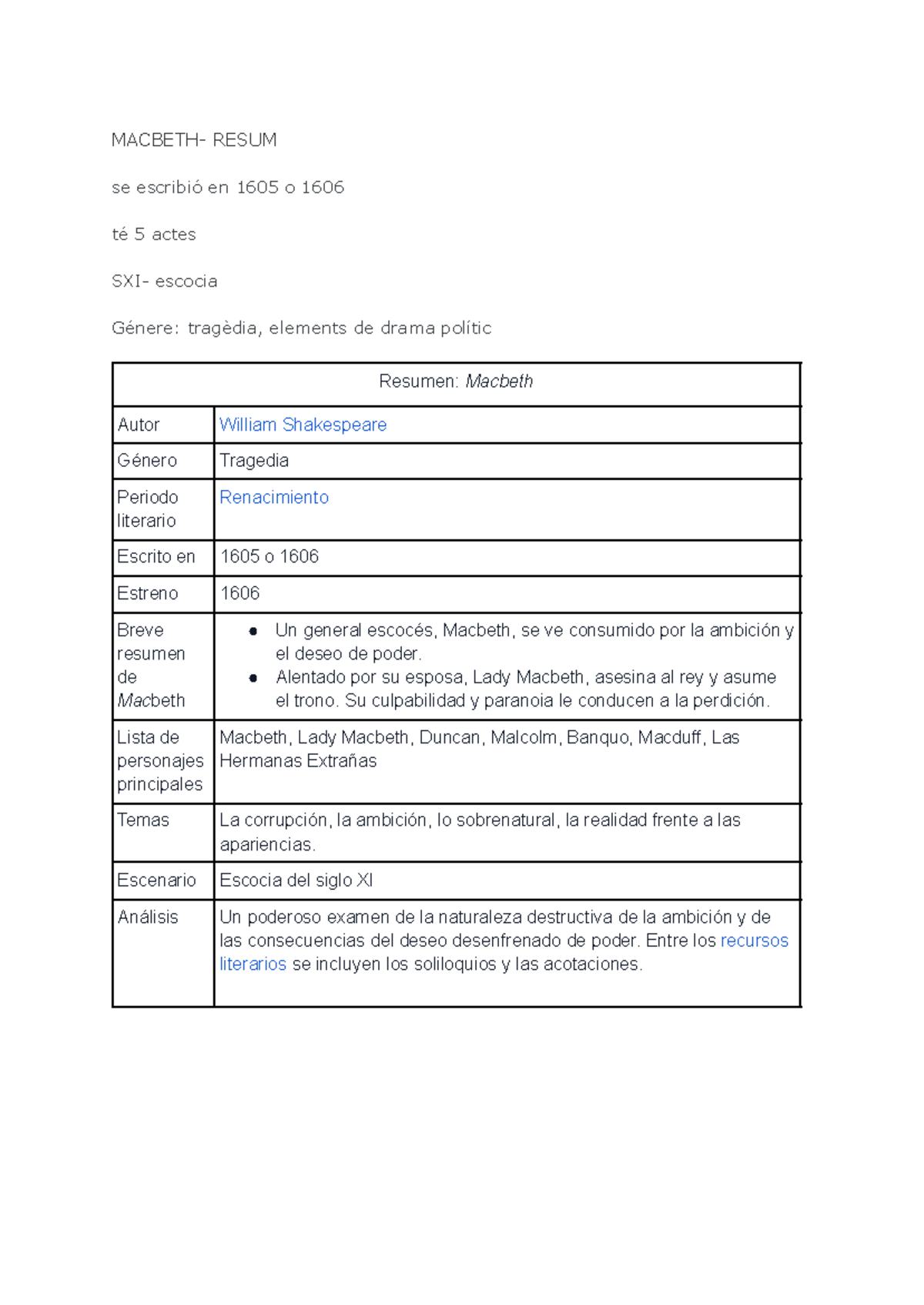 Macbeth- Resum - MACBETH- RESUM se escribió en 1605 o 1606 té 5 actes ...