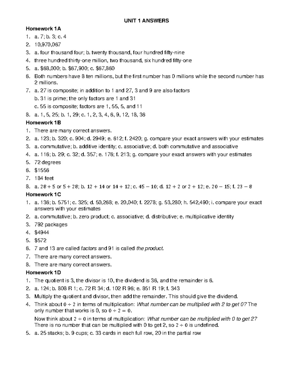 Unit 1 Answers - math 950 - UNIT 1 ANSWERS Homework 1A a. 7; b. 3; c. 4 ...