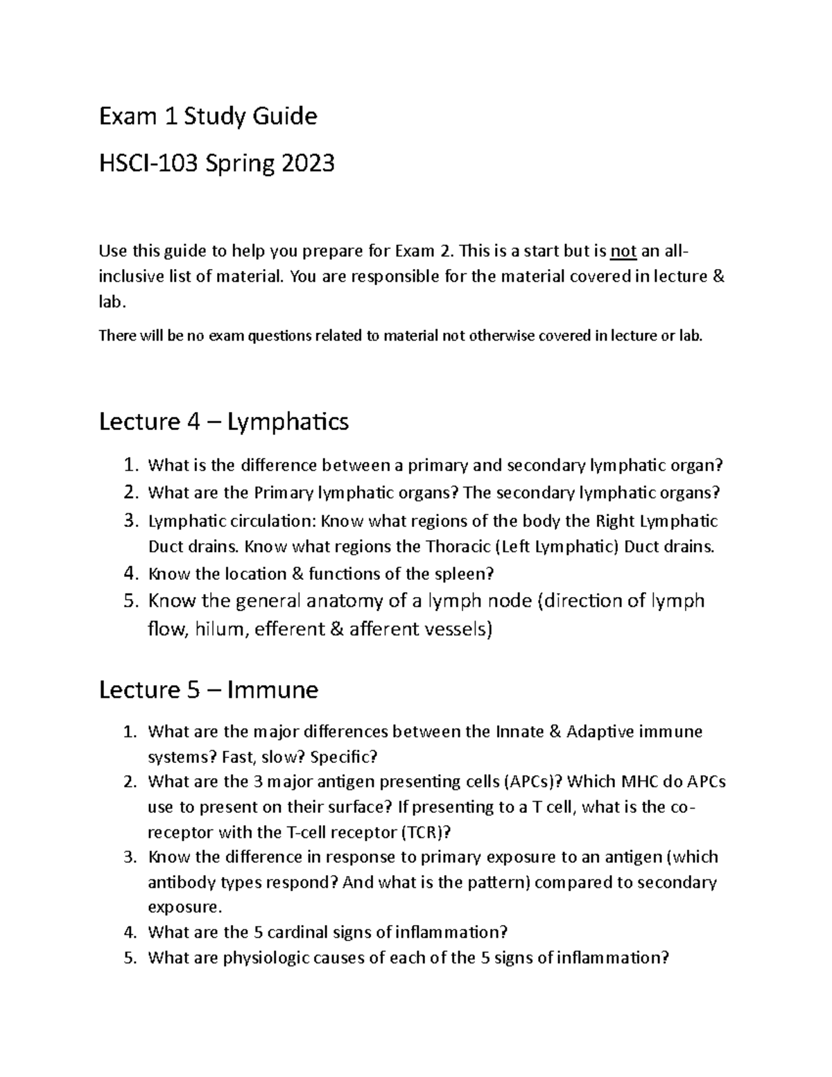 HSCI 103 - Exam 2 Study Guide - Exam 1 Study Guide HSCI-103 Spring 2023 ...