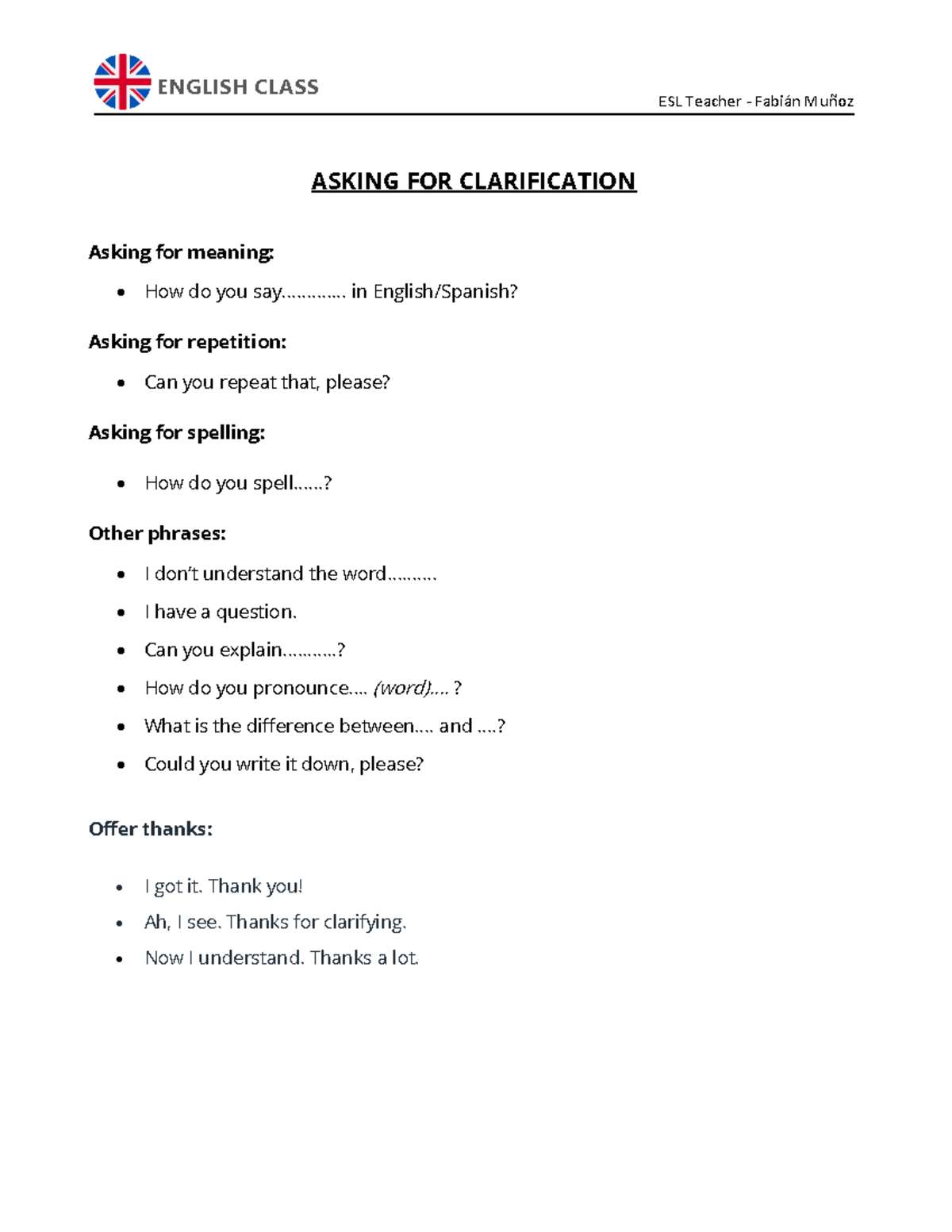 Asking FOR Clarification - ESL Teacher - Fabián Muñoz ENGLISH CLASS ...