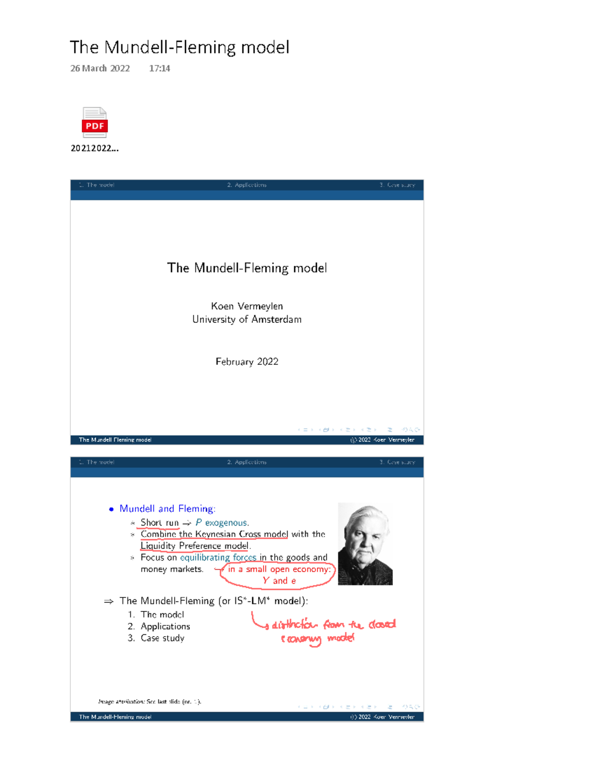 Mundell-Fleming model (annotated) - Macroeconomics 1 - UvA - Studeersnel
