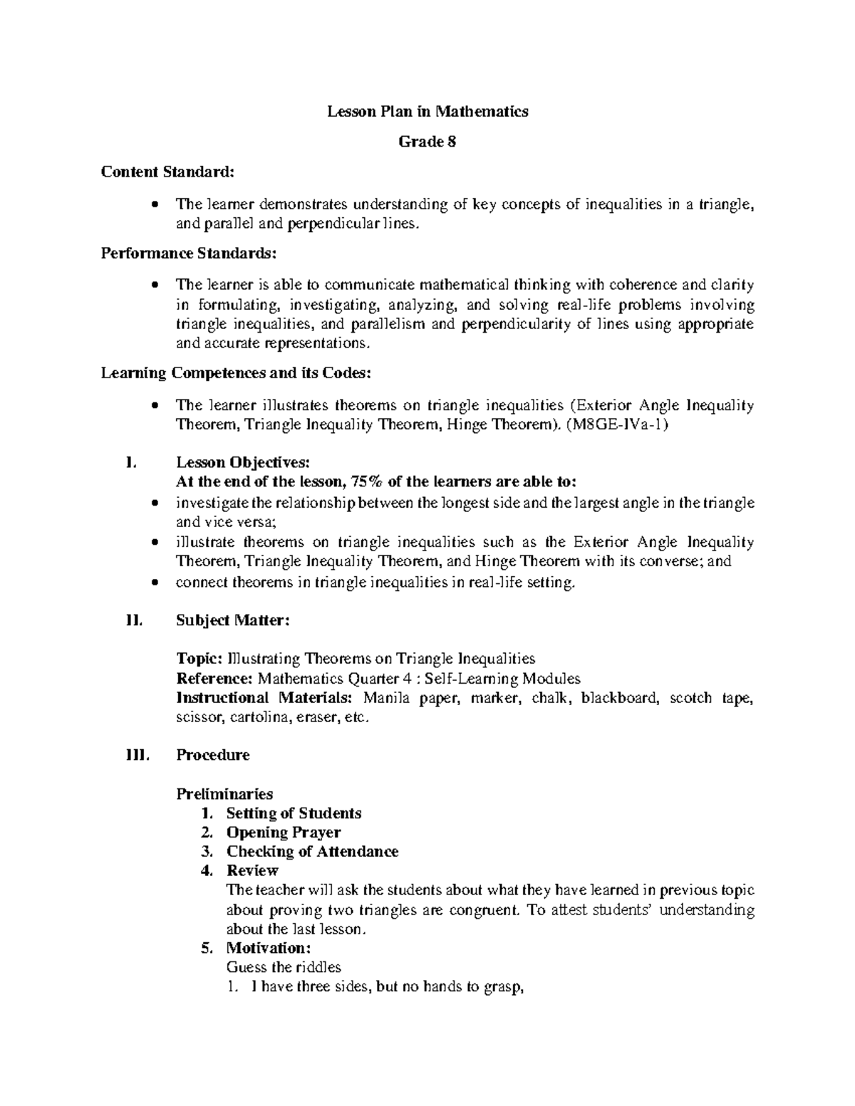 Quarter 4 M1L1 Illustrating theorems in triangle inequalities - Lesson ...