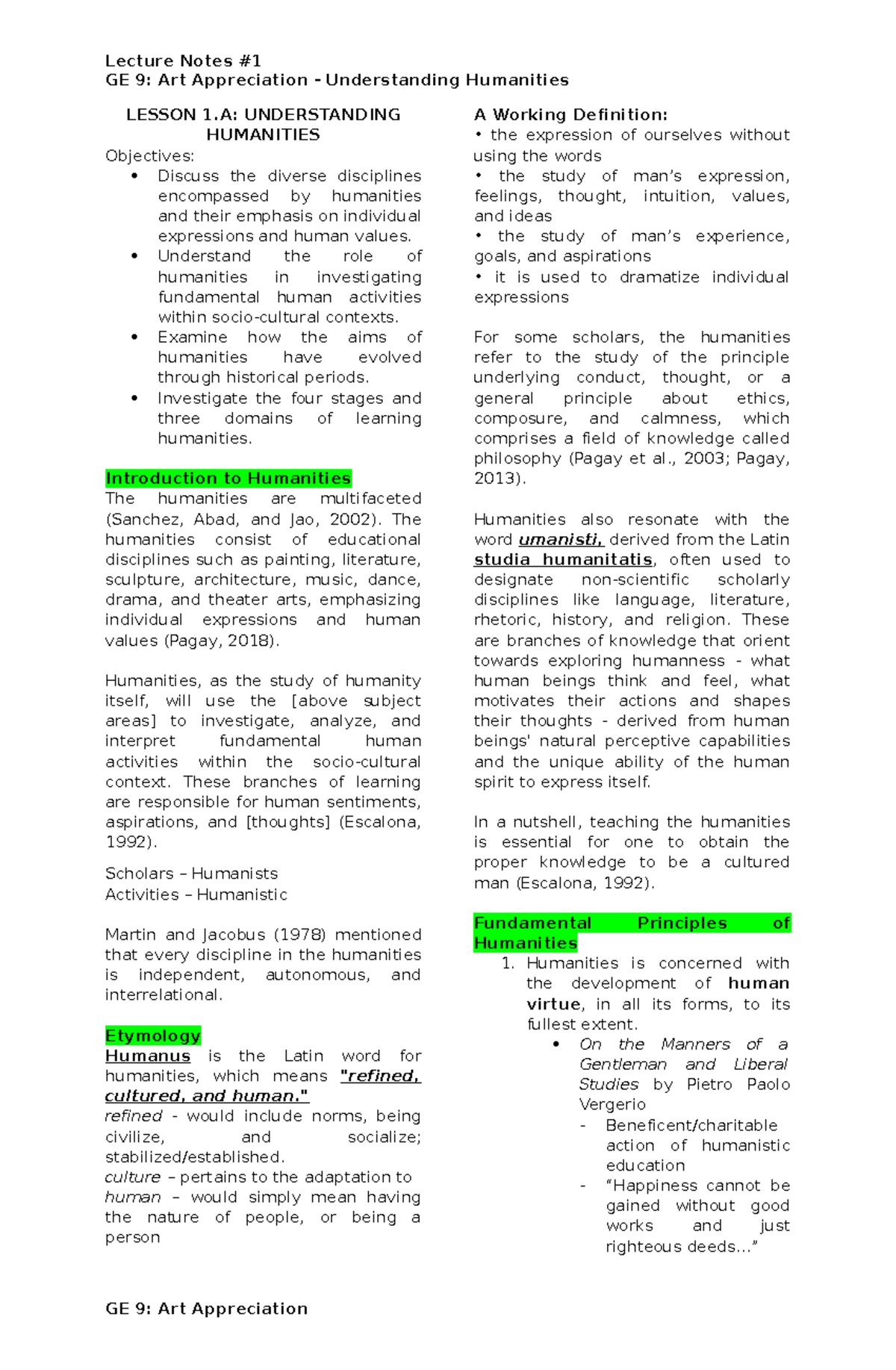 GE 9 - Lesson 1.A - NOTES FOR REVIEWER - Lecture Notes # GE 9: Art ...