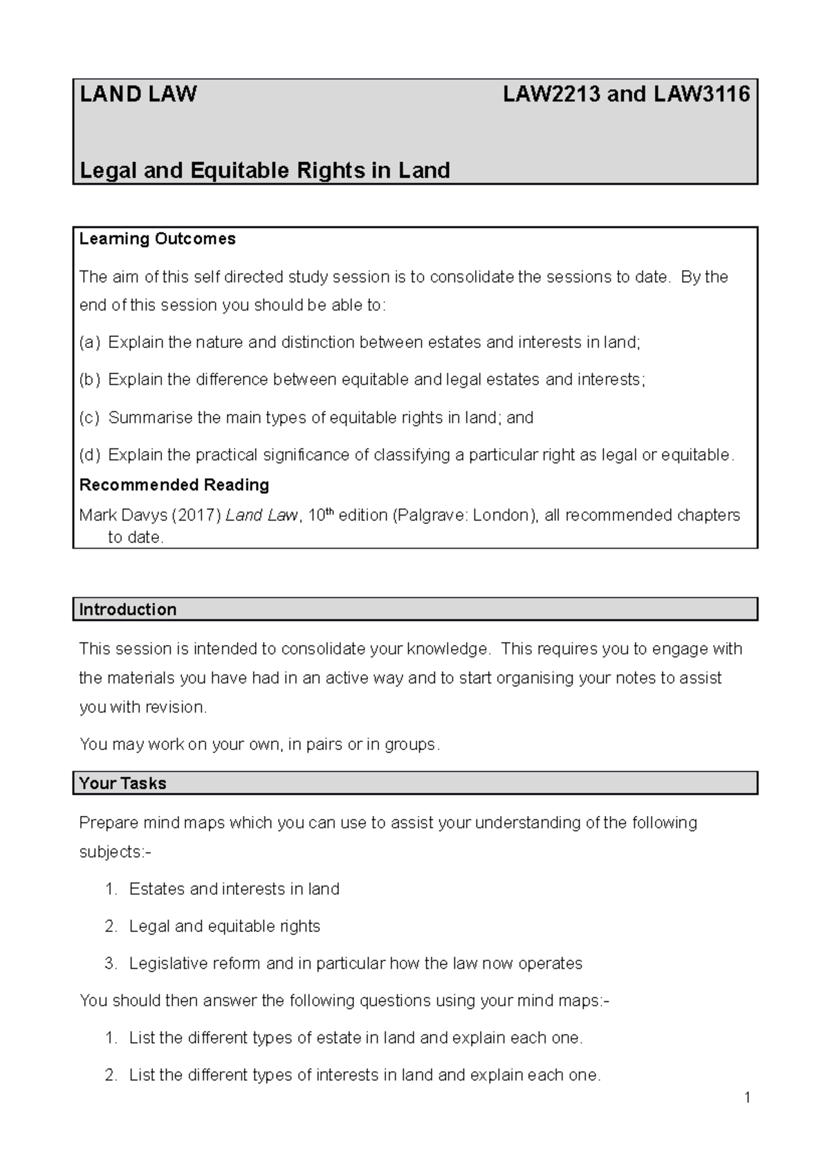 Lecture 6 - Activity Legal and Equitable Rights in Land - LAND LAW ...