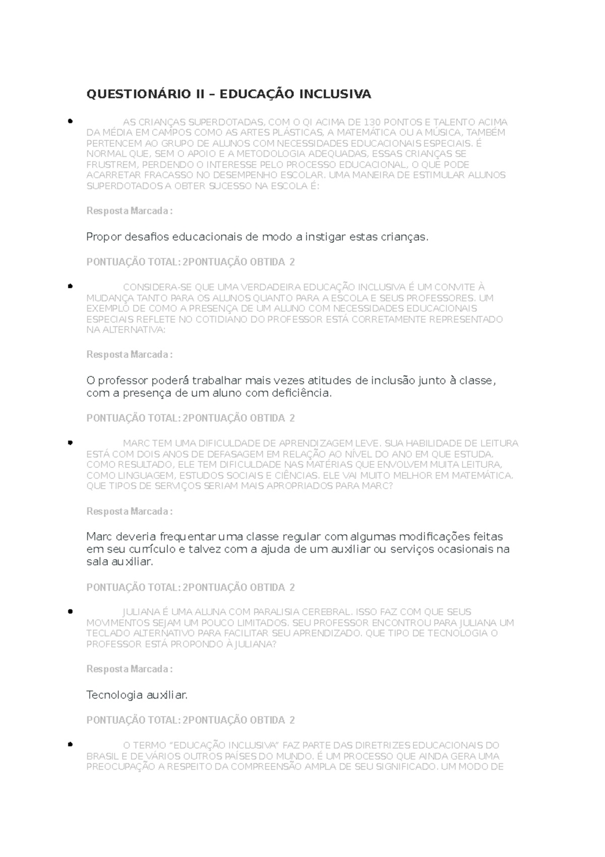 Questionário II - questionario - QUESTIONÁRIO II – EDUCAÇÃO INCLUSIVA ...