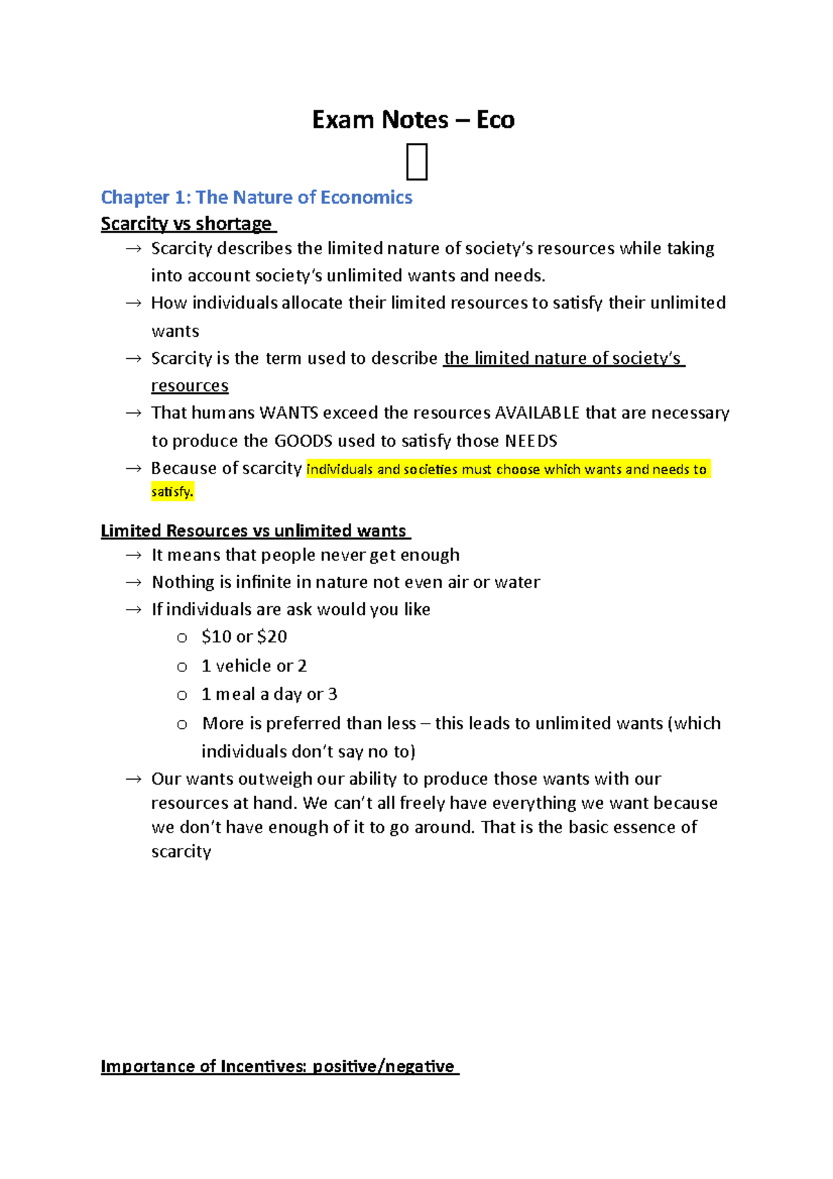 Exam Notes Final ECO - Exam Notes – Eco 梁 ####### Chapter 1: The Nature ...