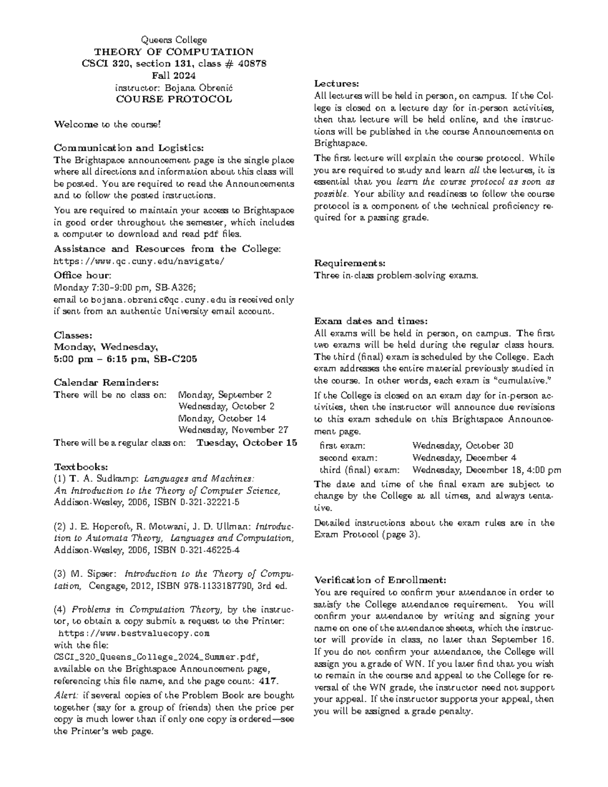 Course Protocol-2 - Queens College THEORY OF COMPUTATION CSCI 320 ...