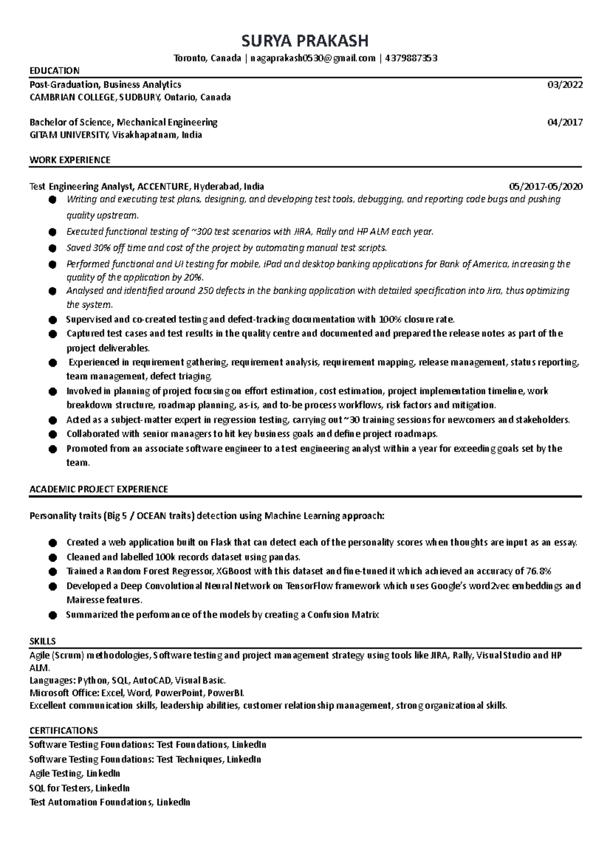 Surya Prakash - Resume max - SURYA PRAKASH Toronto, Canada ...