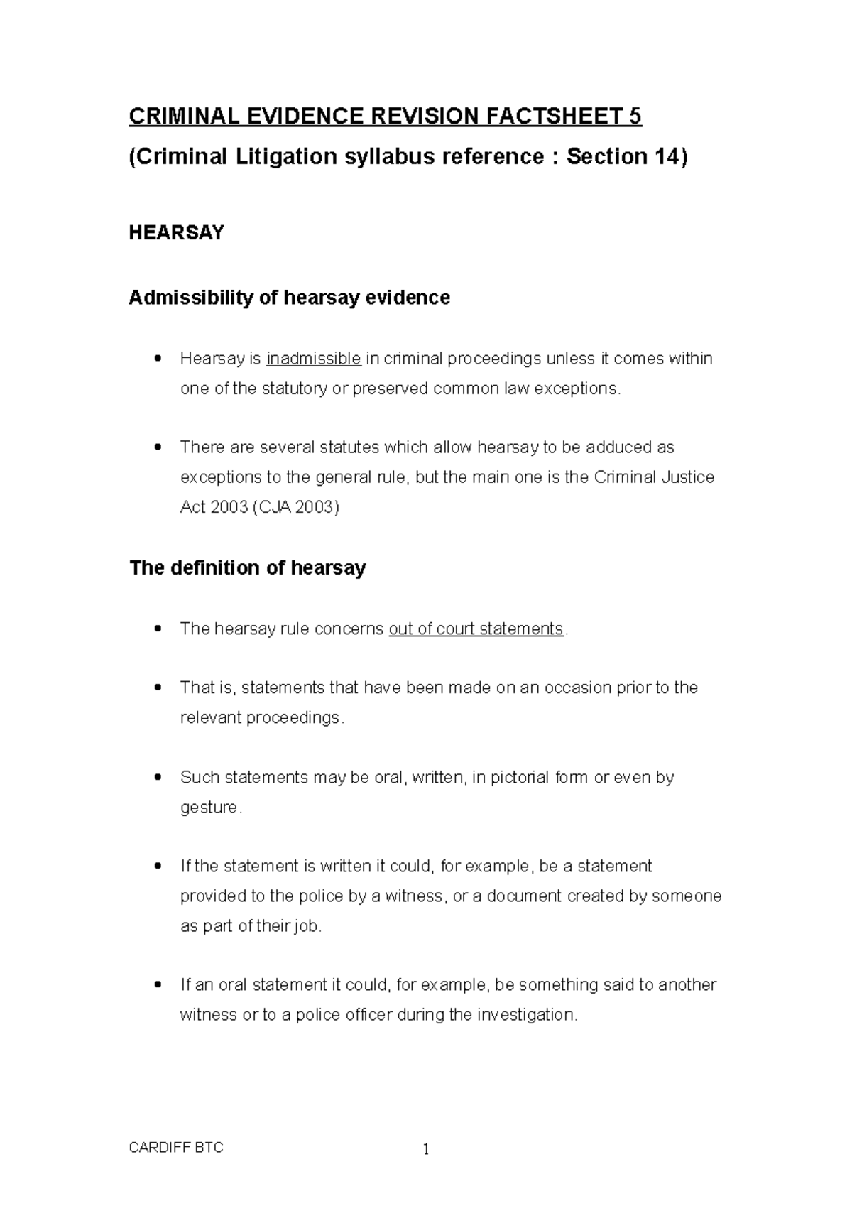 Factsheet - Hearsay - CRIMINAL EVIDENCE REVISION FACTSHEET 5 (Criminal ...