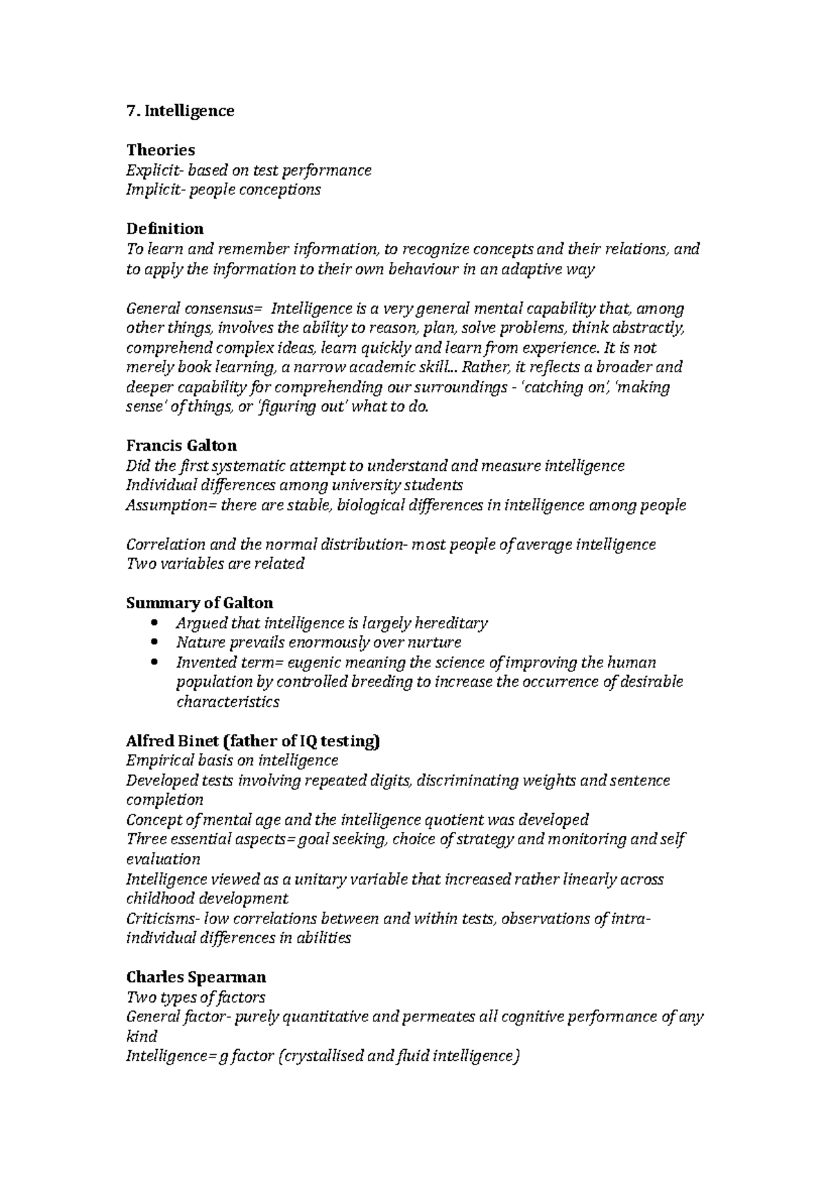 7. Intelligence - Lecture notes 7 - Intelligence Theories Explicit ...