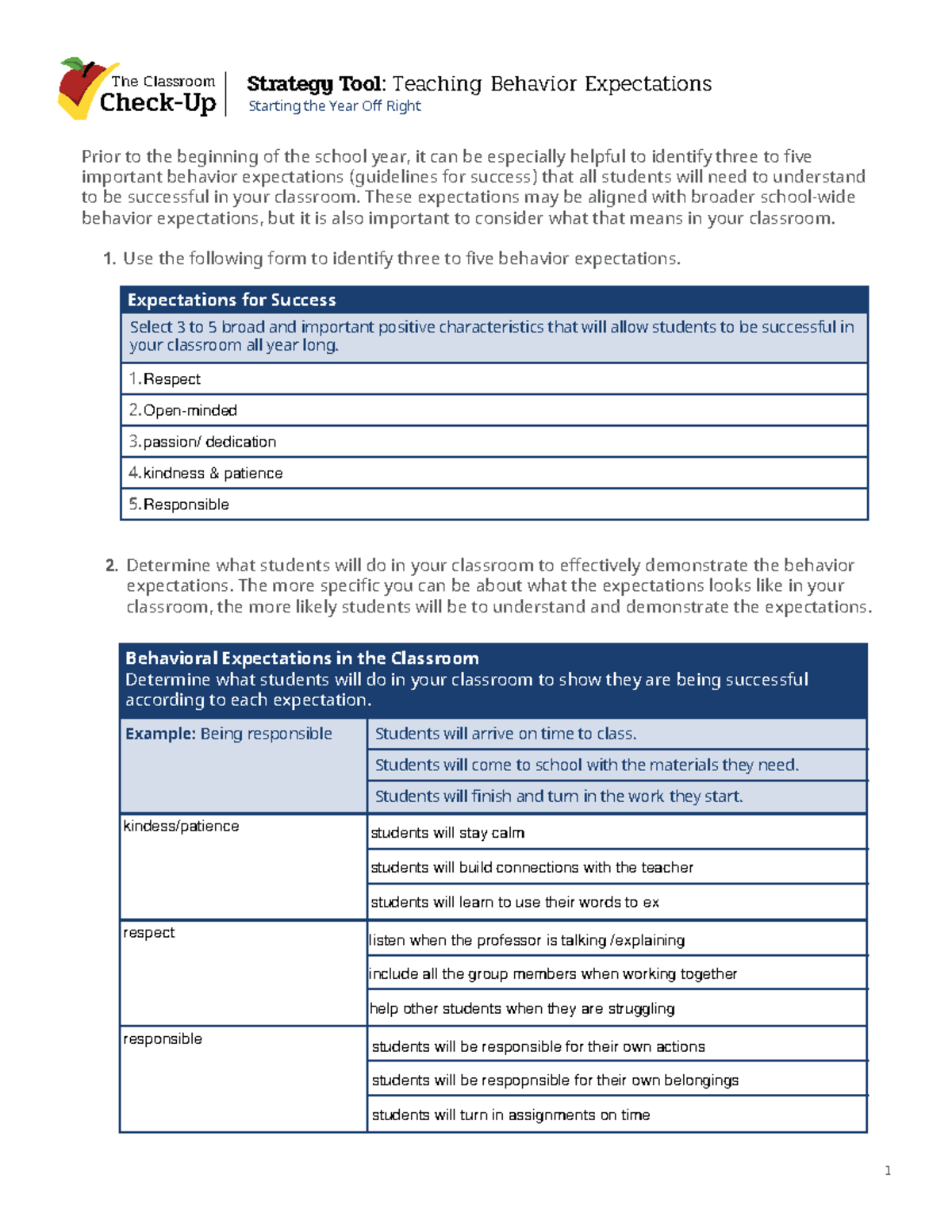 Teaching Behavior Expectations-Strategy Tool1 - 1 Strategy Tool ...