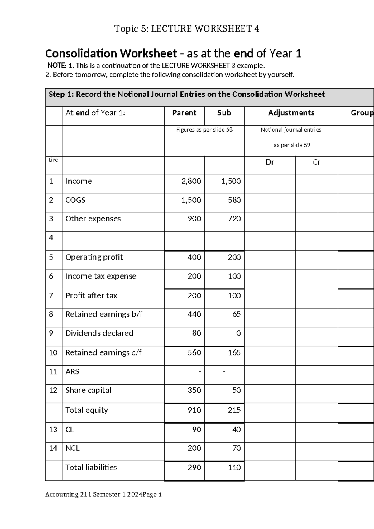Topic 5 Lecture Worksheet 4 - Consolidation Worksheet - as at the end ...