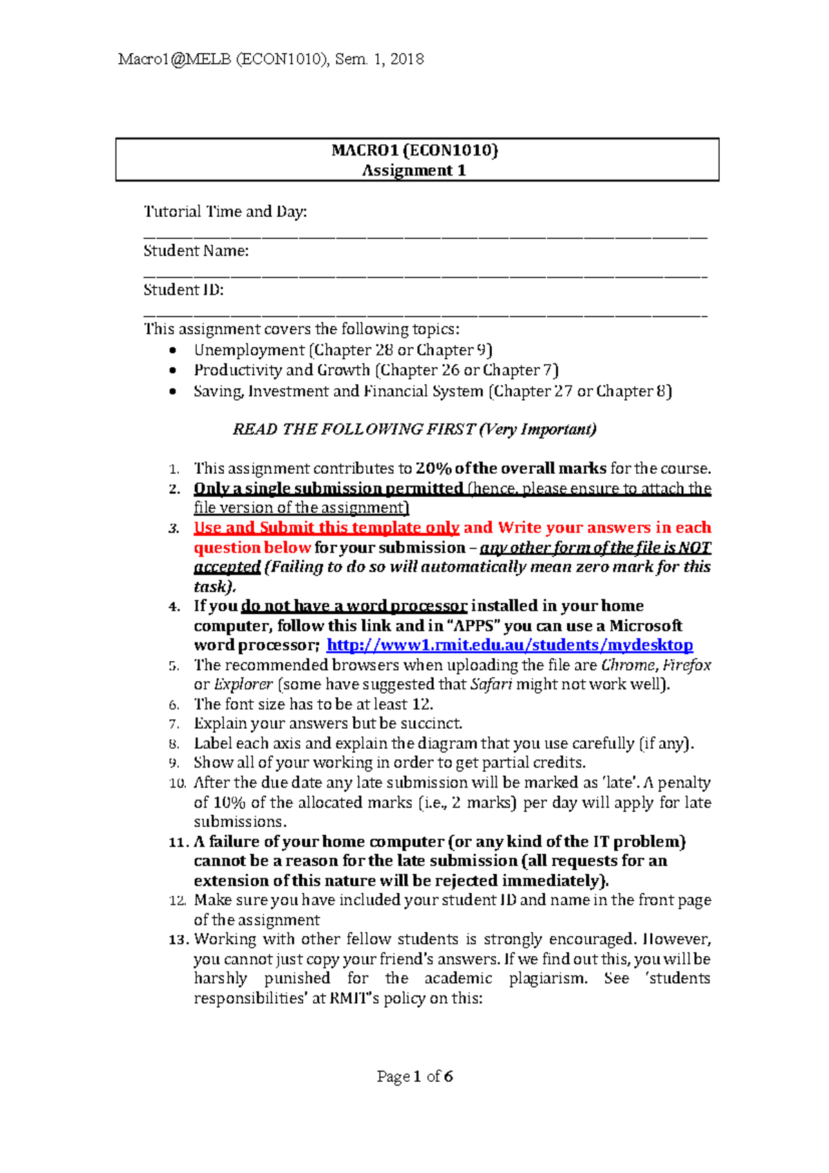 Assig 1 sem1 2018 - MACRO1 (ECON1010) Assignment 1 Tutorial Time and ...