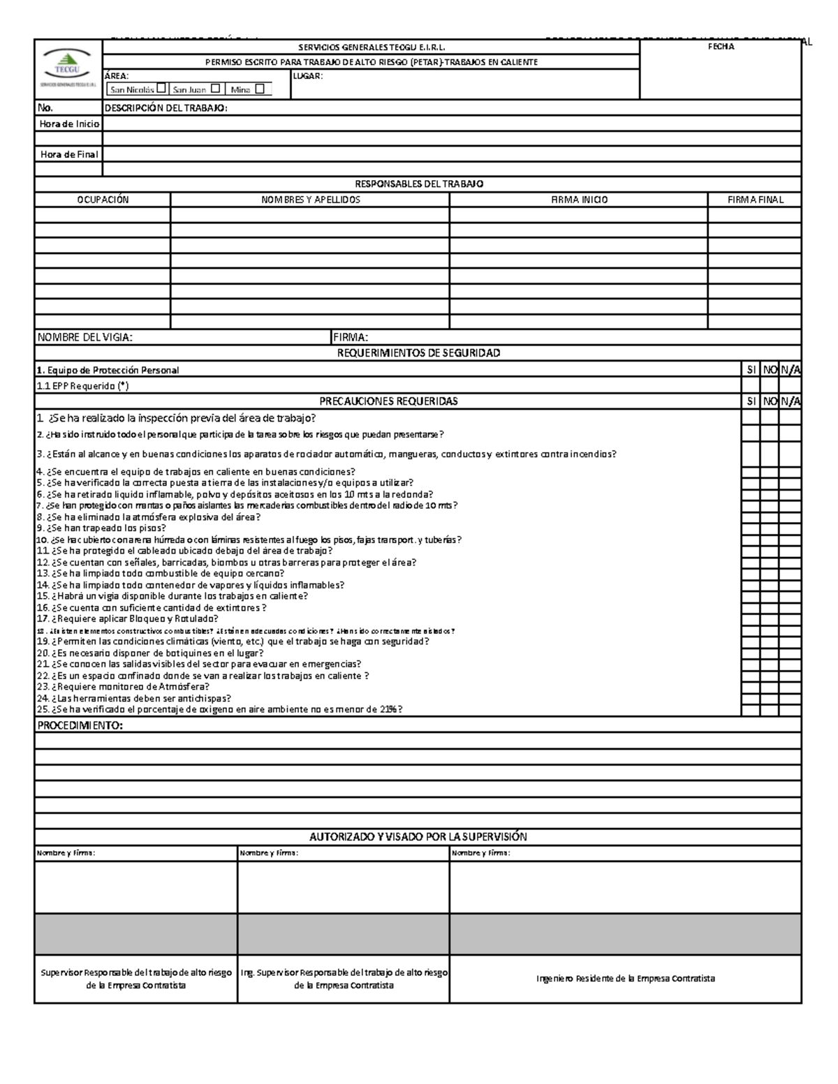 Formato Petar - T. Caliente - SHOUGANG HIERRO PERÚ S.A. DEPARTAMENTO DE SEGURIDAD Y SALUD - Studocu