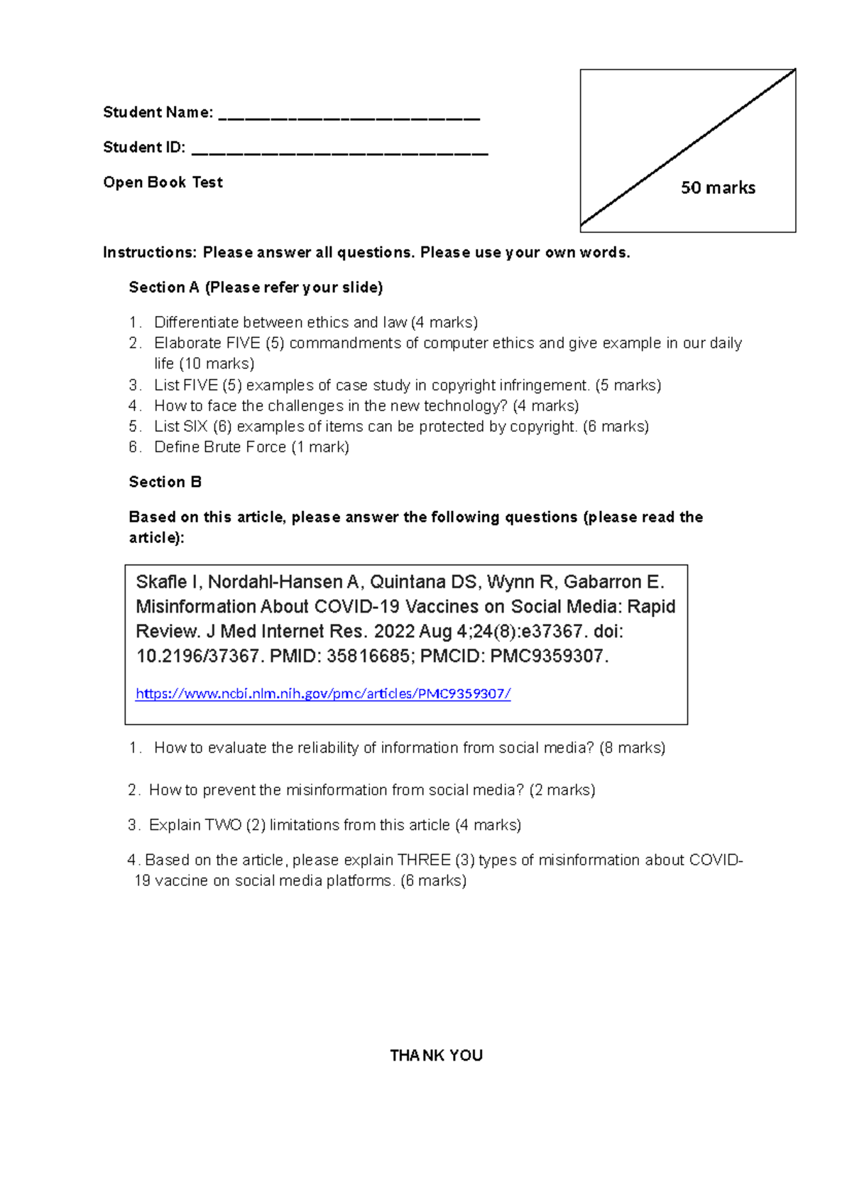 TEST -OPEN BOOK - Student Name: ______________________________ Student ...