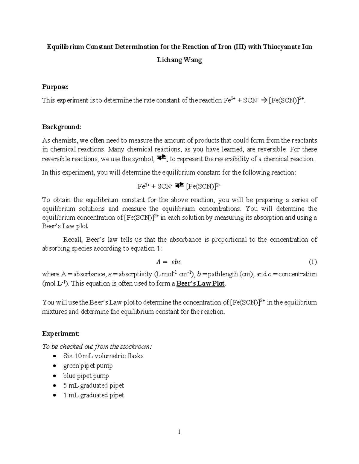 Chem211-Equilibrium Constant - Equilibrium Constant Determination for ...